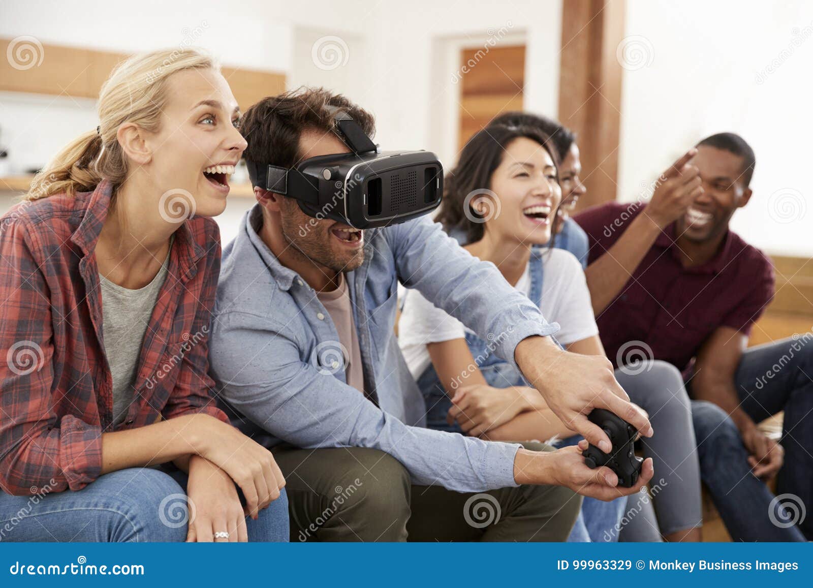 Friends Playing Computer Game with Virtual Reality Headset Stock Image ...