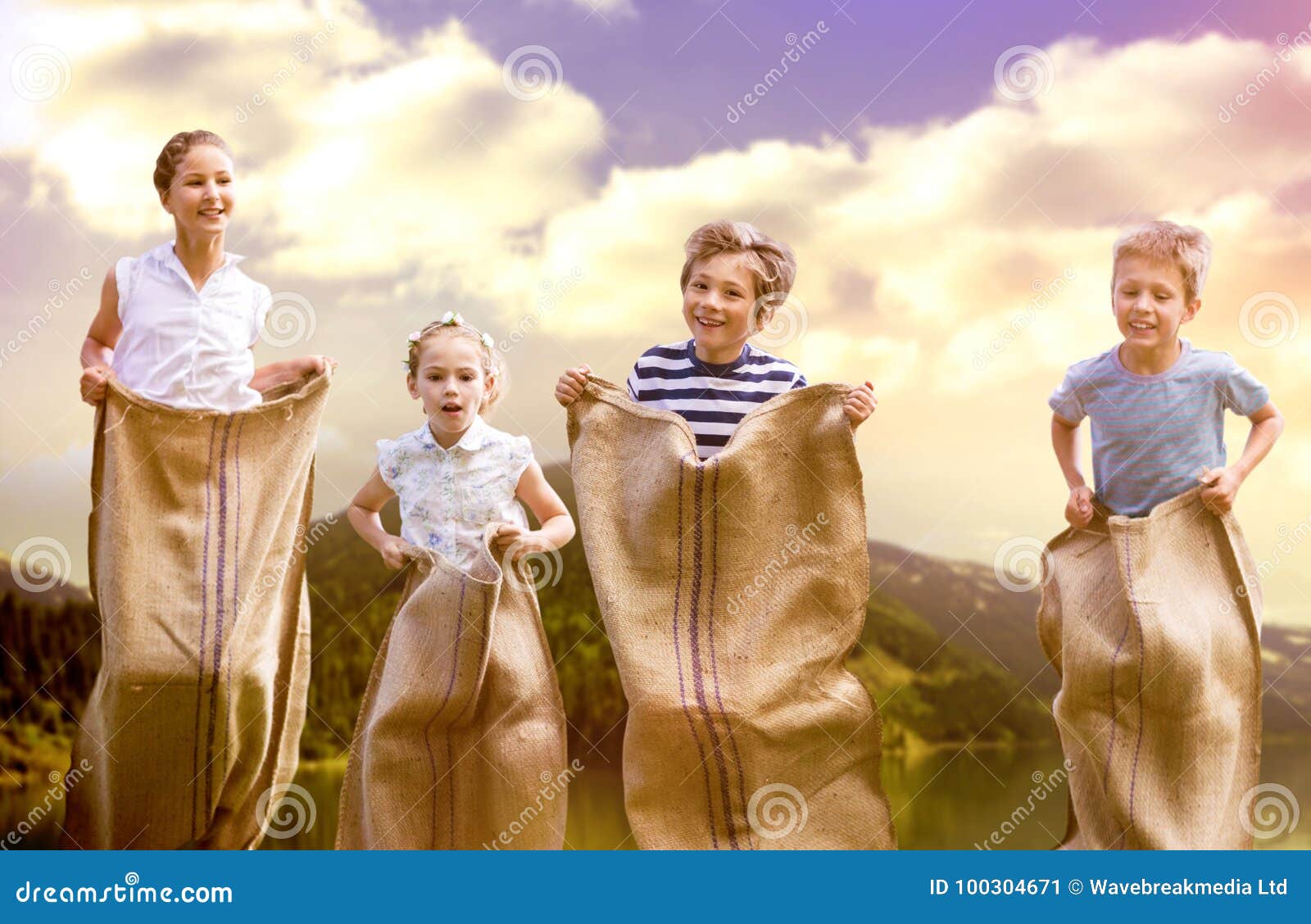 Composite Image of Friends Playing Sack Race Stock Image - Image of ...
