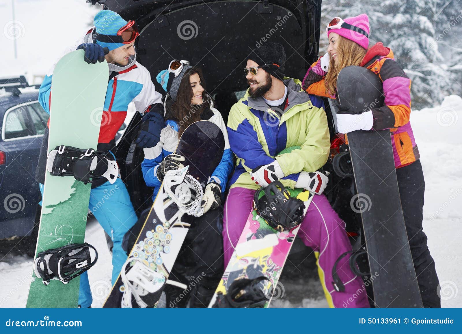 Friends Prepare for Snowboarding Stock Image - Image of cool, activity ...