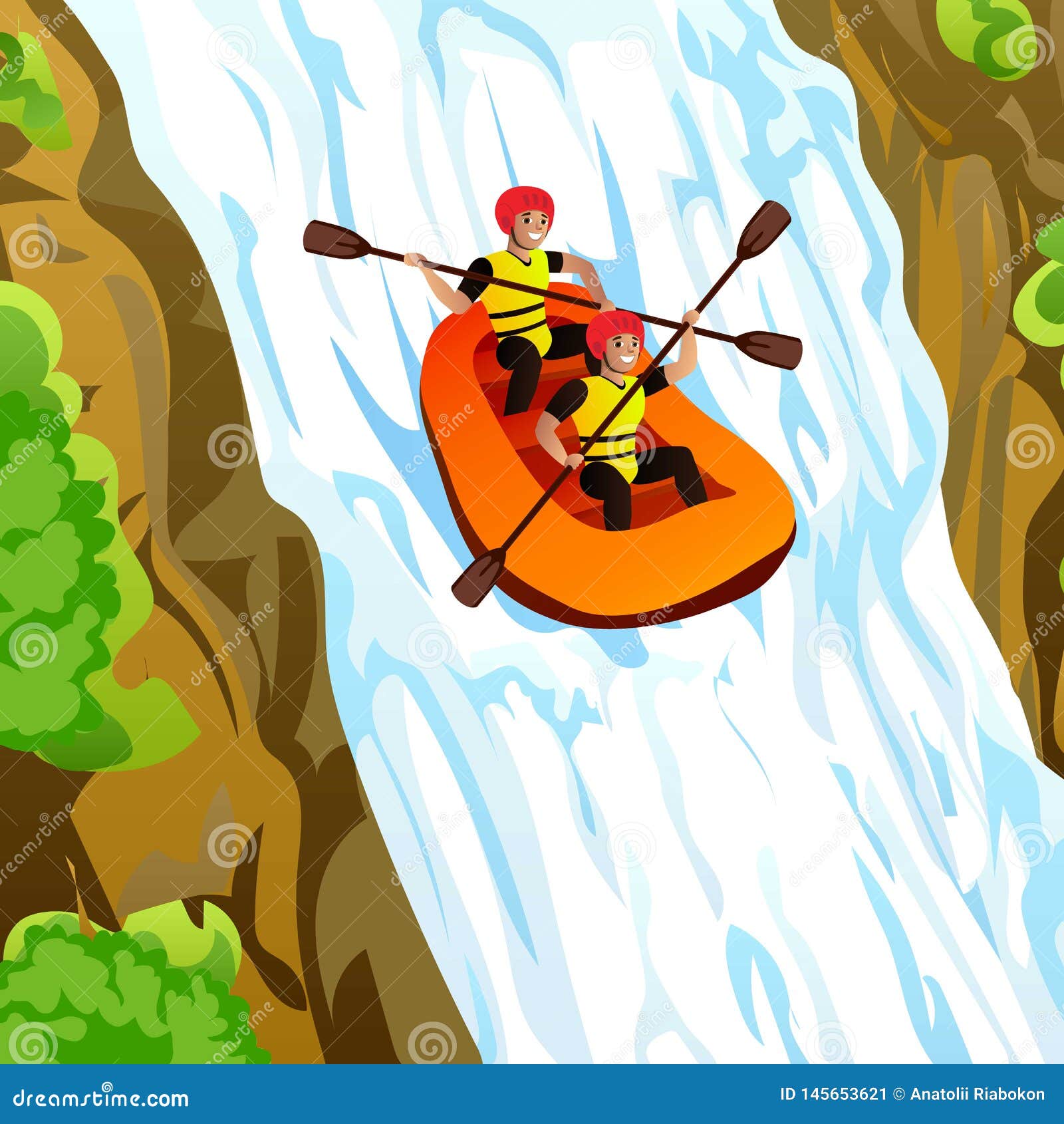 Friends Rafting in Mountains Concept Background, Cartoon Style Stock ...