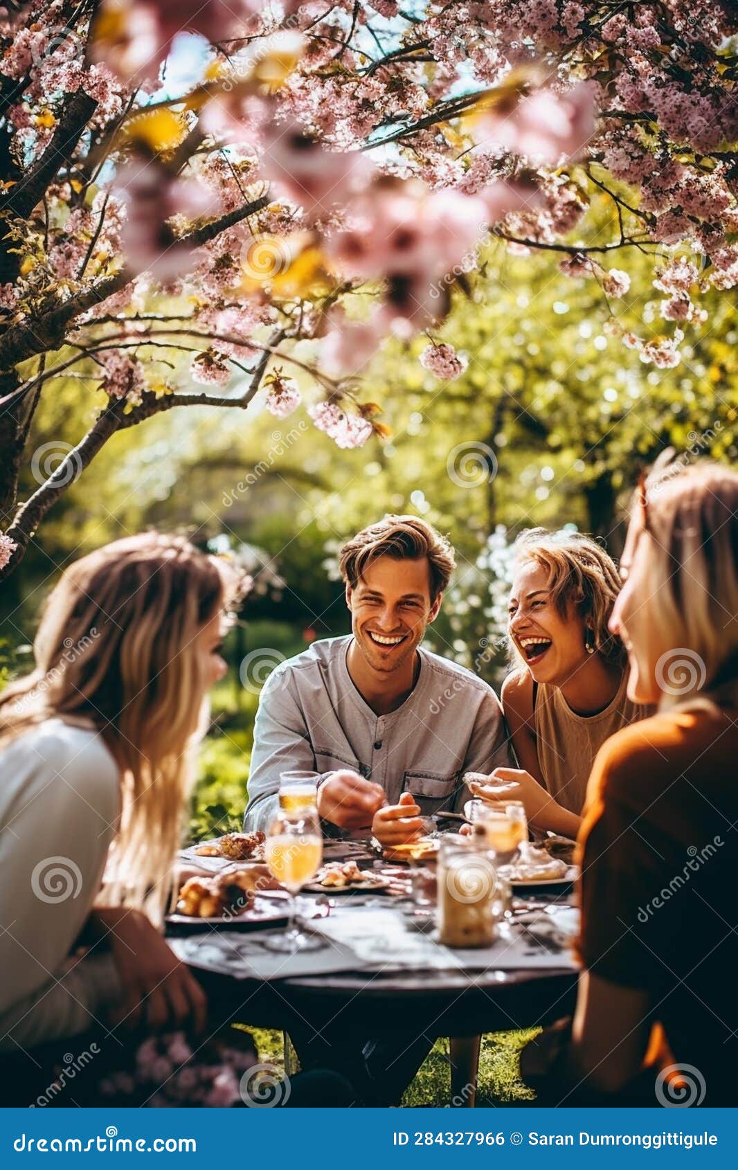 Friends Sharing Laughter and Meals Under the Canopy of Blossoming Trees ...