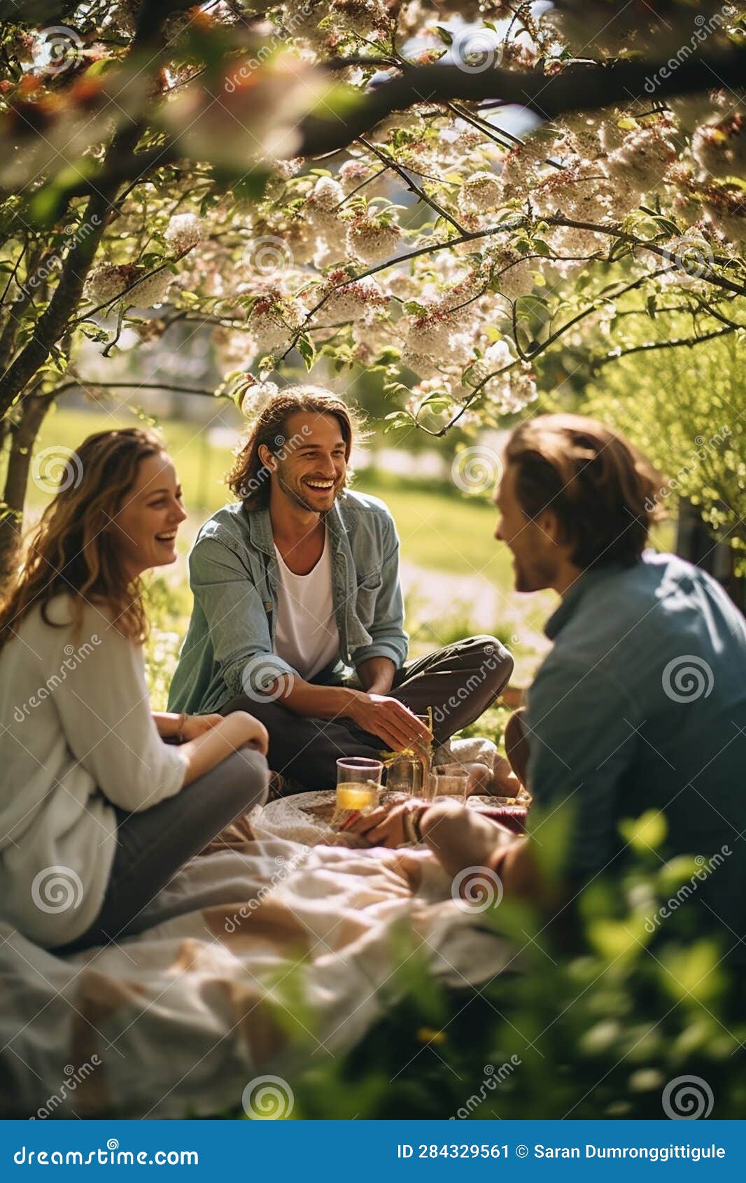 Friends Sharing Laughter and Meals Under the Canopy of Blossoming Trees ...