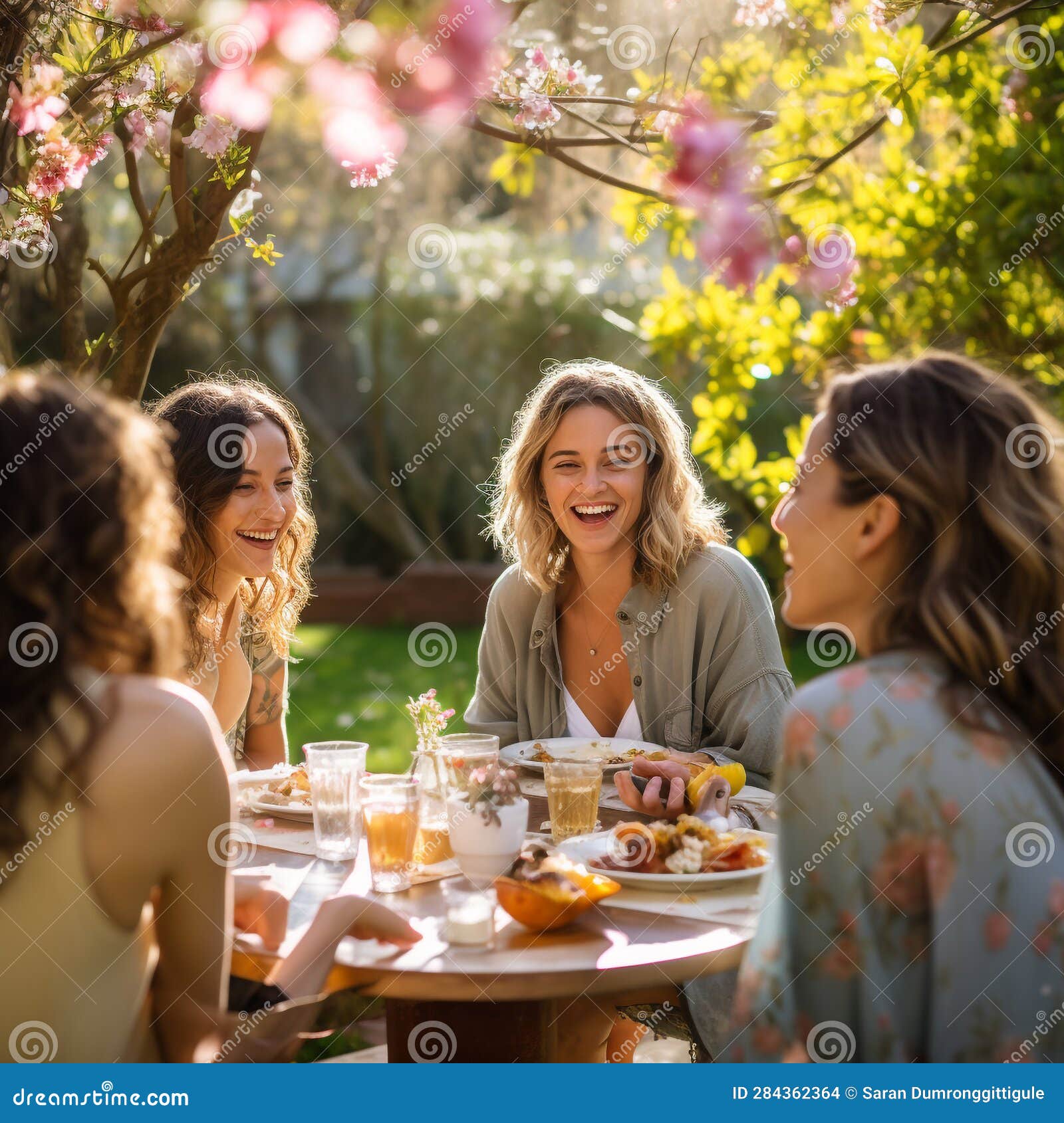 Friends Sharing Laughter and Meals Under the Canopy of Blossoming Trees ...