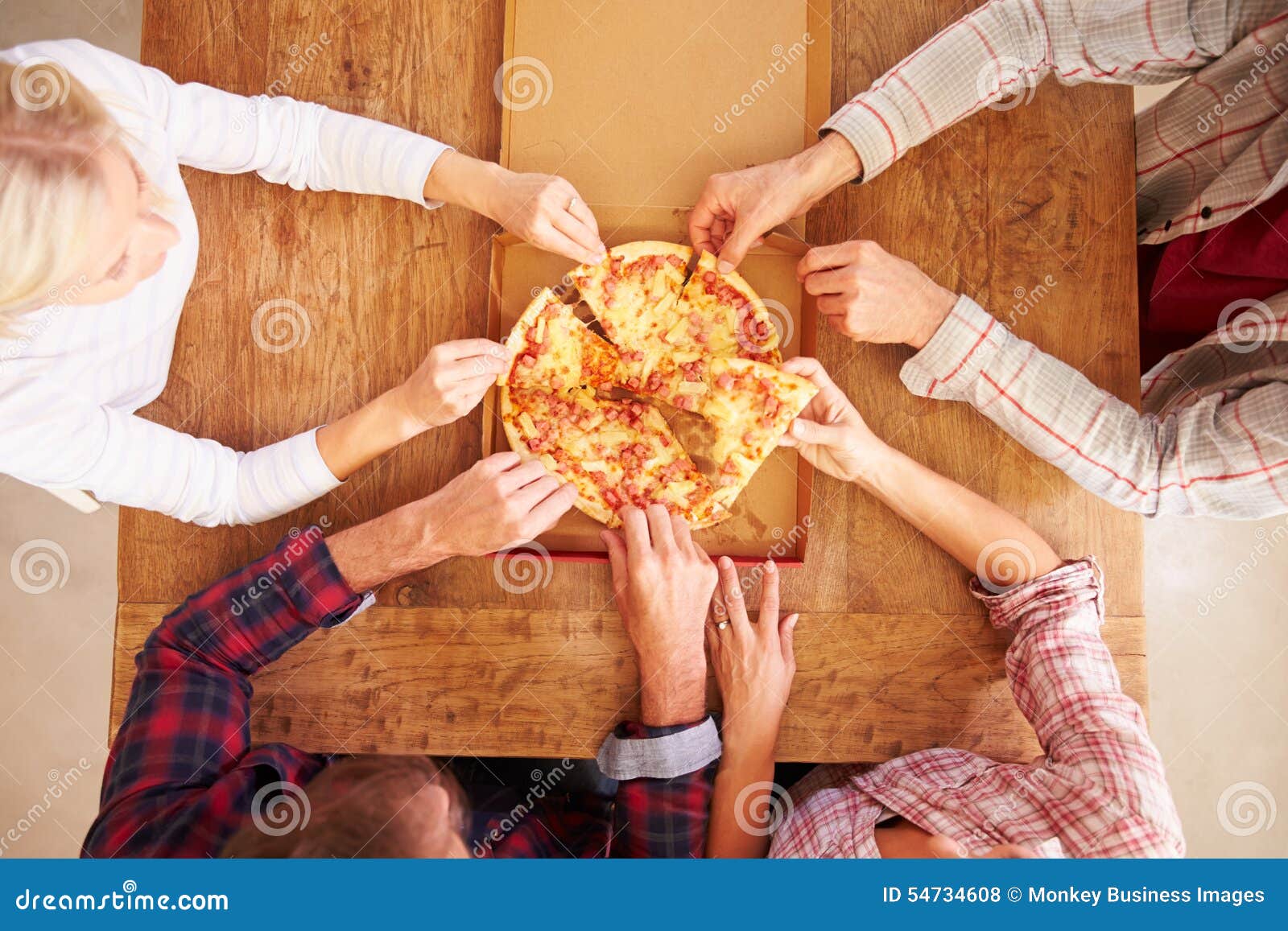 Friends Sharing a Pizza Together, Overhead View Stock Photo - Image of ...