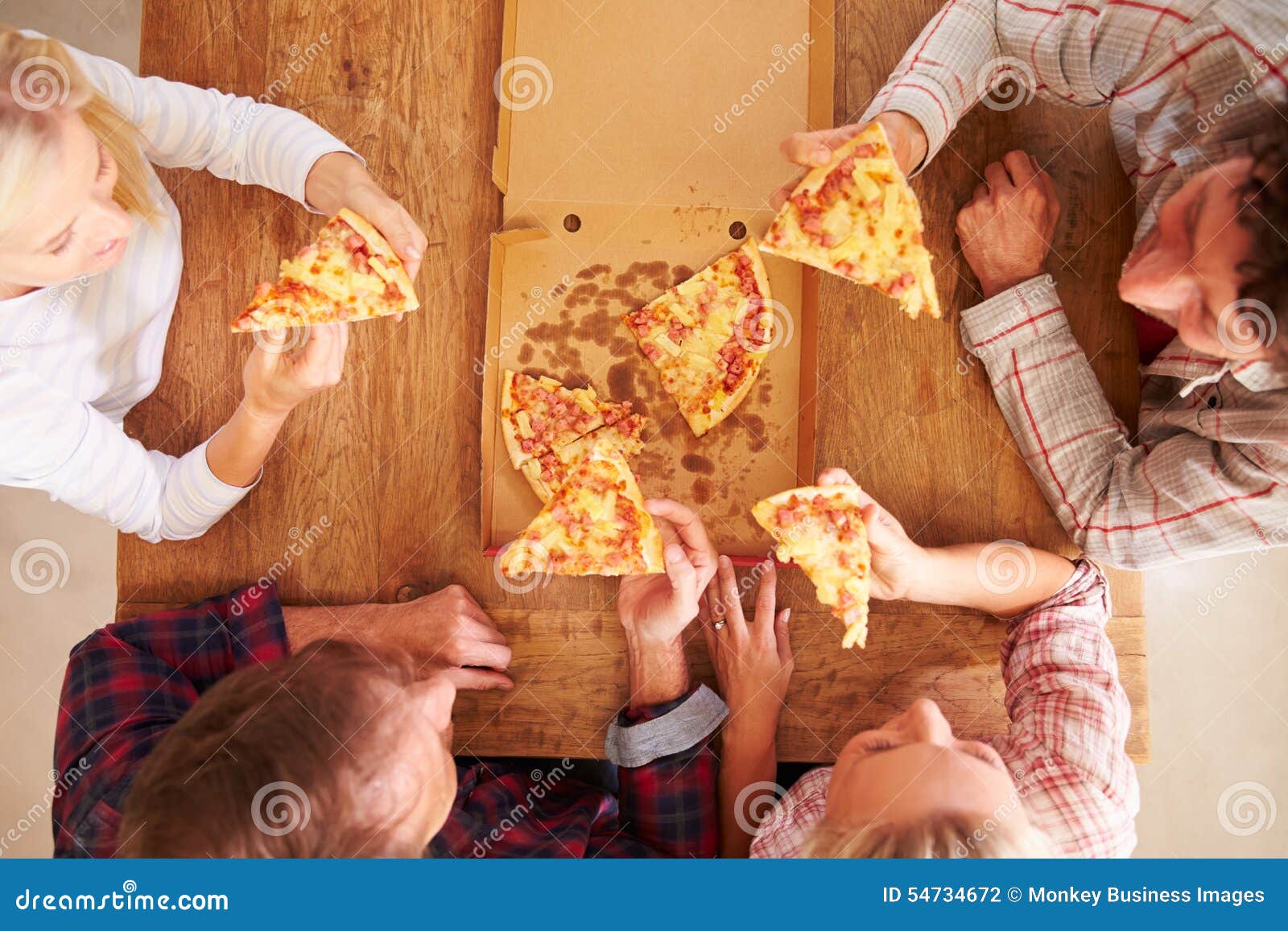 Friends Sharing a Pizza Together, Overhead View Stock Photo - Image of ...
