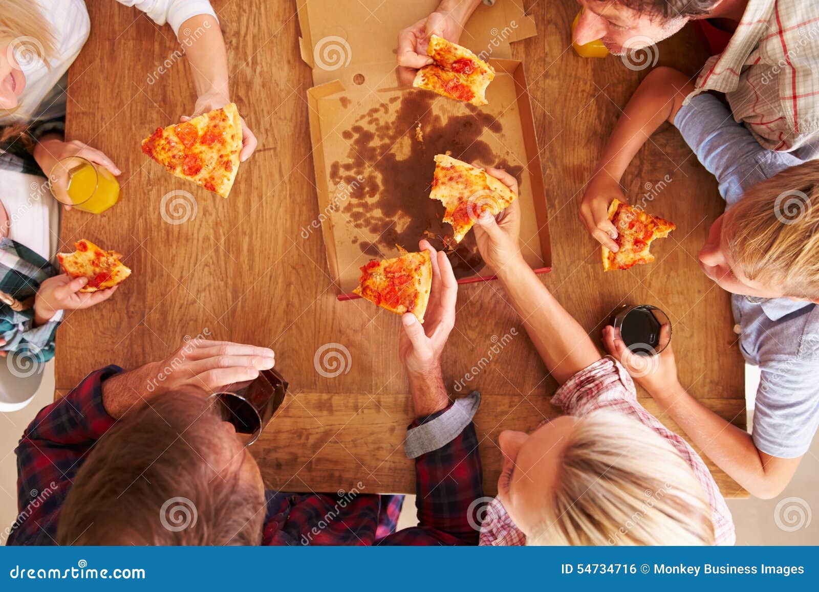 Friends Sharing a Pizza Together, Overhead View Stock Photo - Image of ...