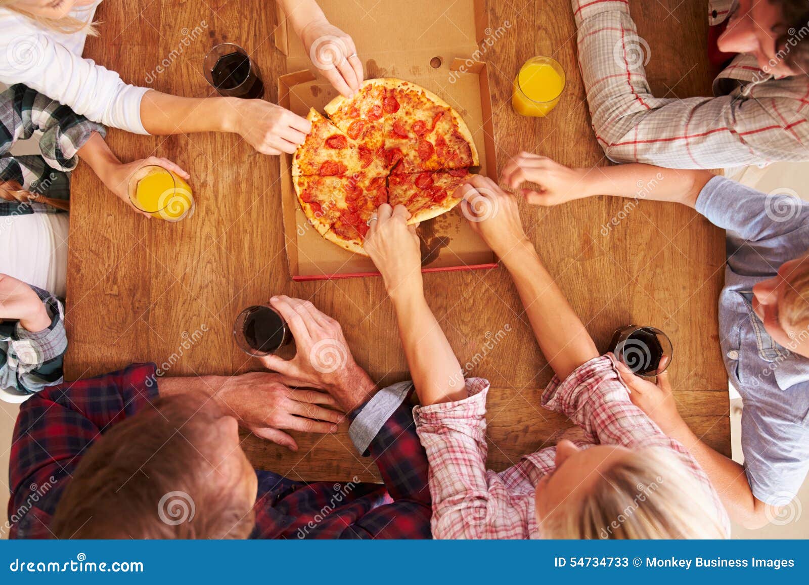 Friends Sharing a Pizza Together, Overhead View Stock Image - Image of ...