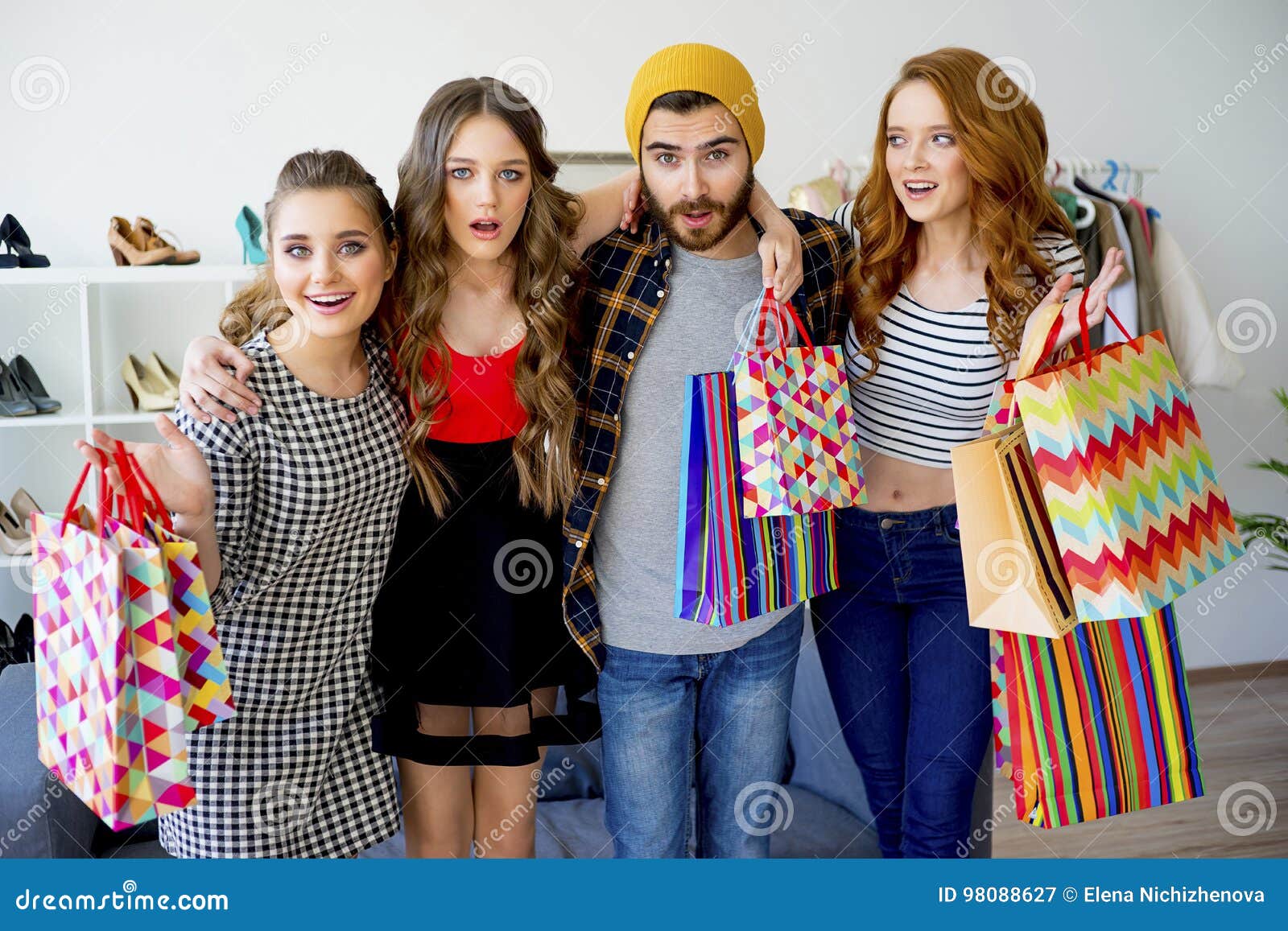 Friends shopping together stock image. Image of female - 98088627