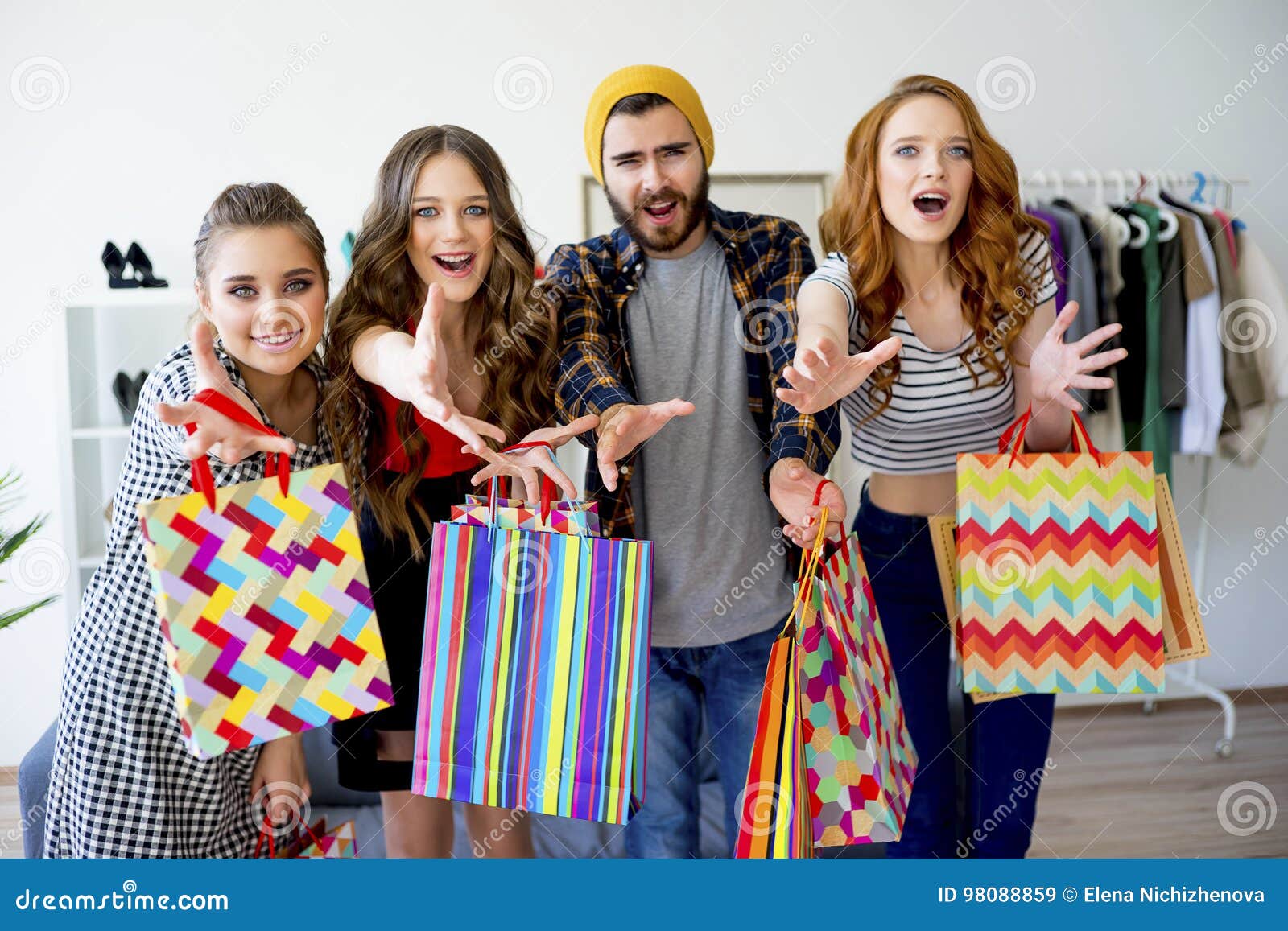 Friends shopping together stock image. Image of clothing - 98088859