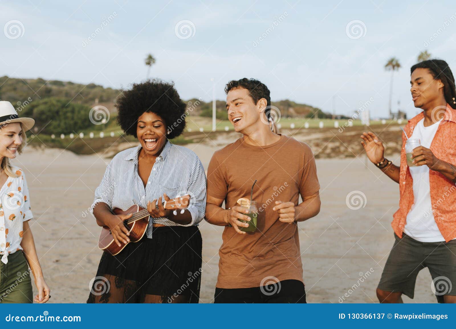 Friends Singing and Dancing at the Beach Stock Image - Image of dance ...