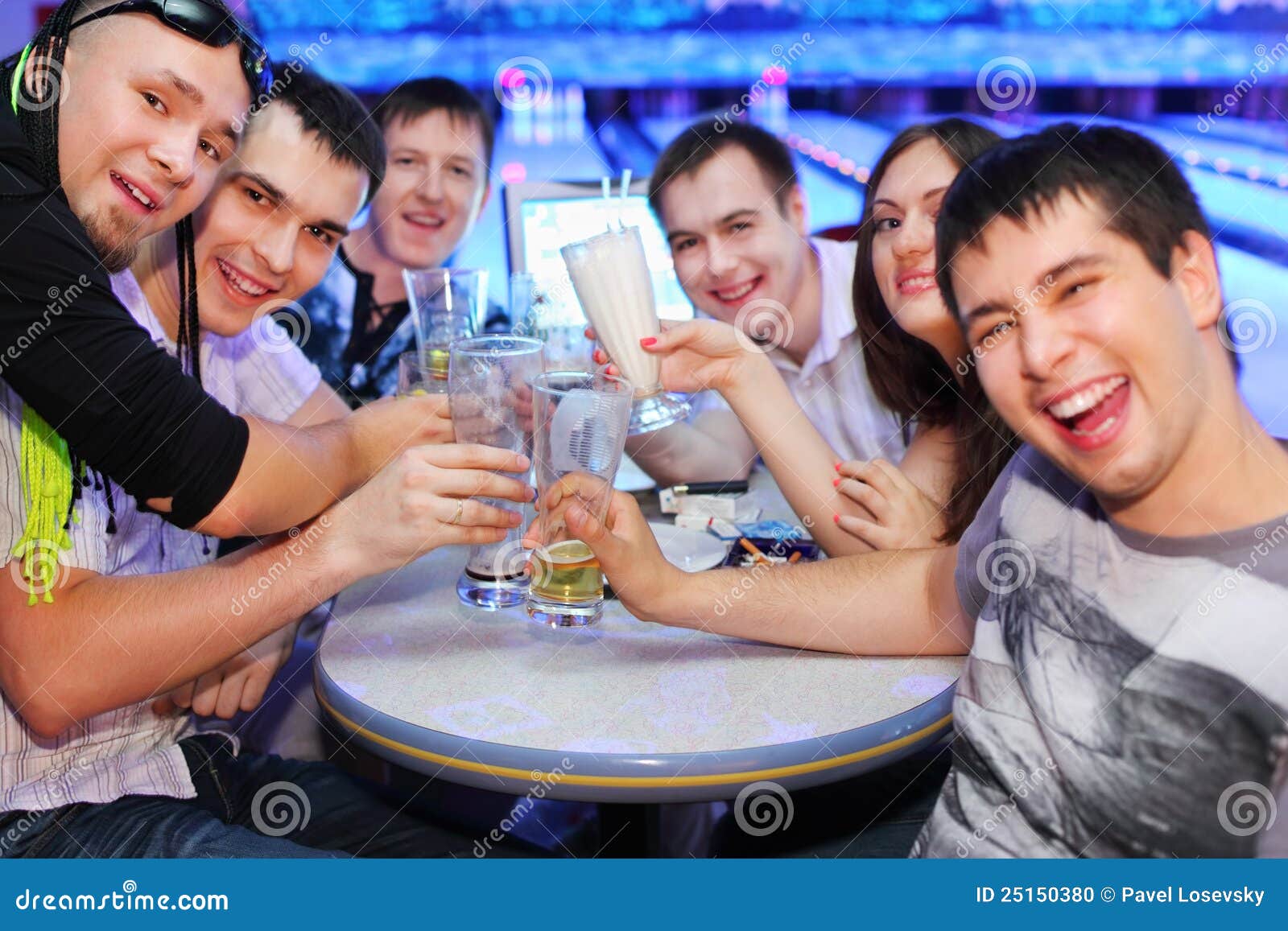 Friends Sit at Table and Drink Beer in Bowling Stock Photo - Image of ...