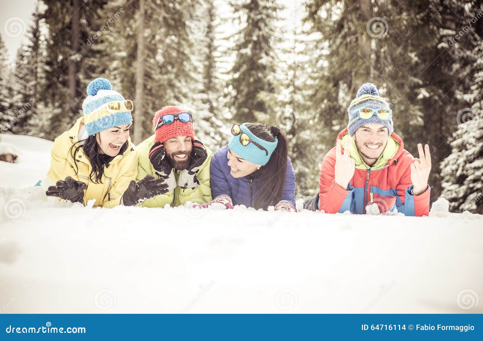 Friends on the snow stock photo. Image of fight, mountain - 64716114