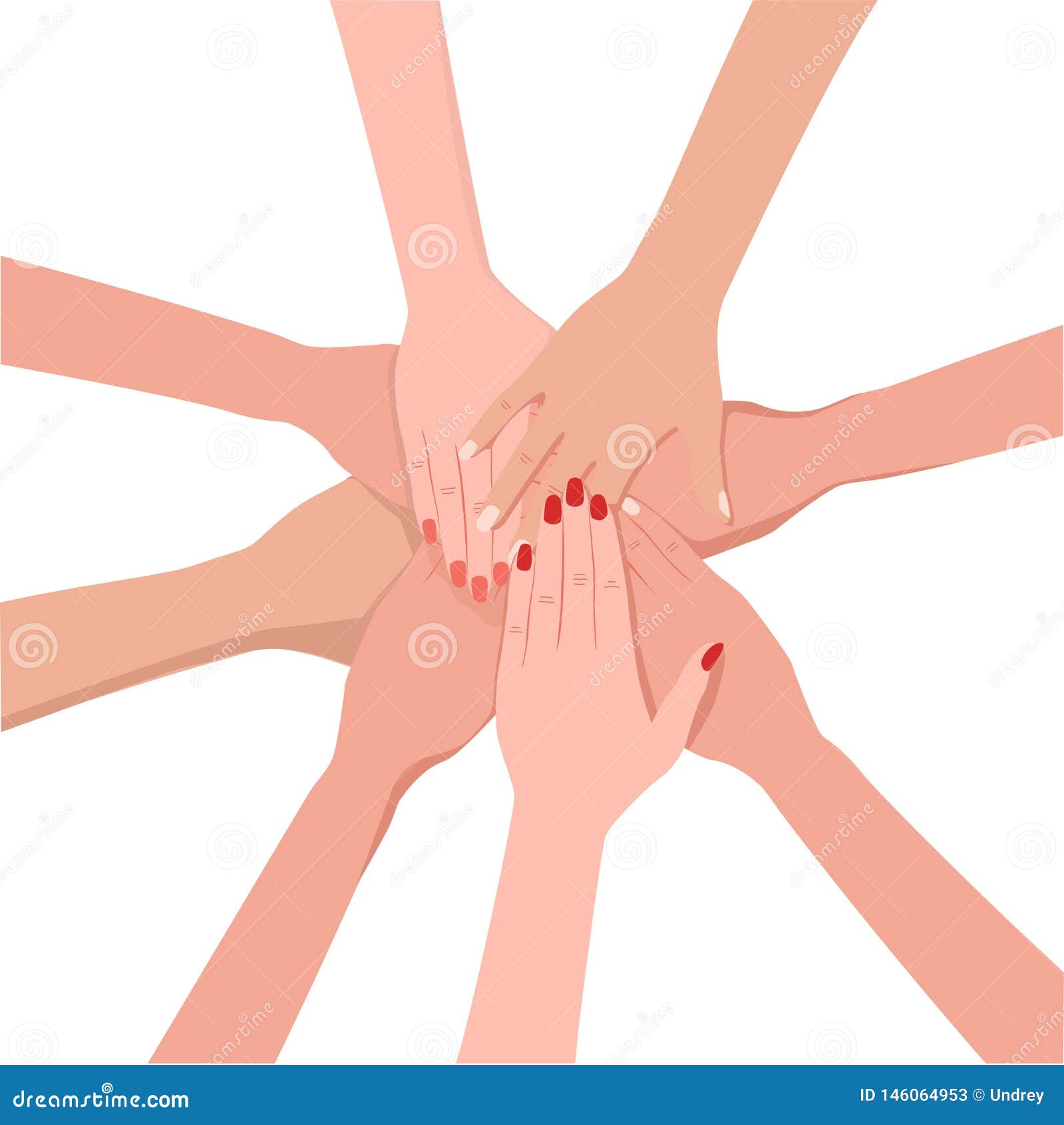 Friends With Stack Of Hands Showing Unity And Teamwork, Top View. Young ...
