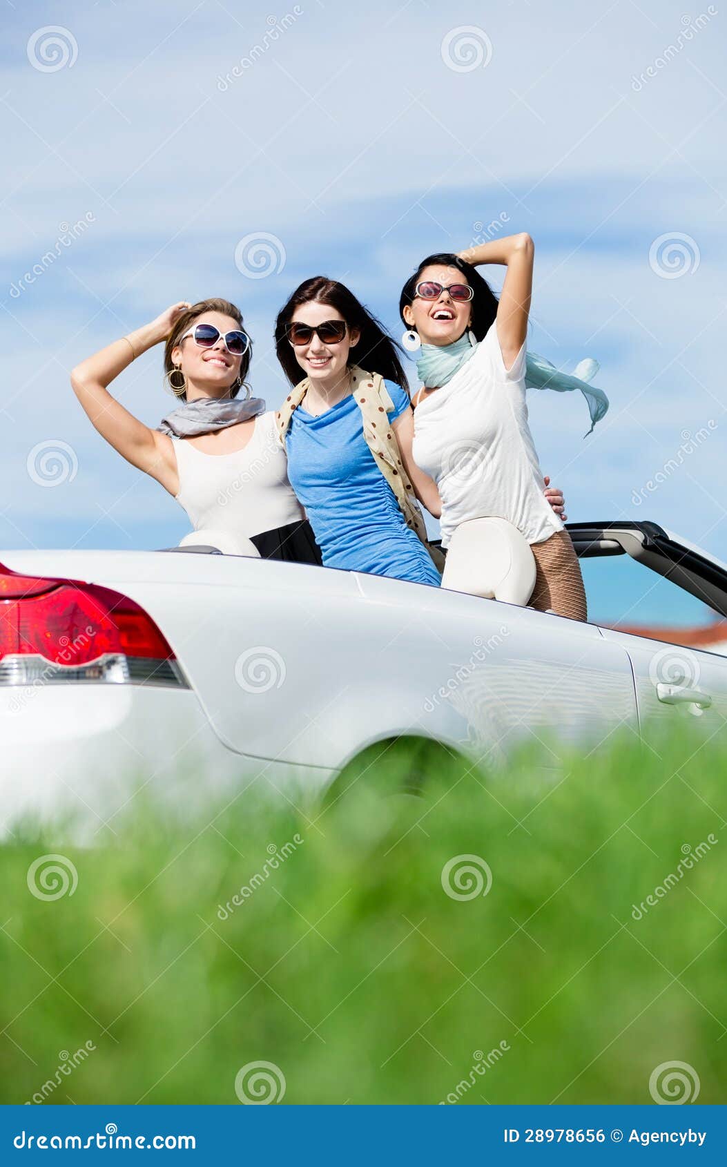 Friends Stand in the Auto with Hands Up Stock Photo - Image of hair ...