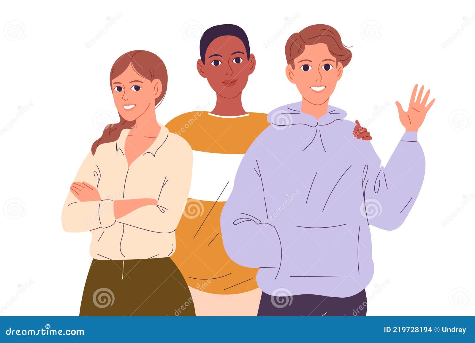 Friends Standing Together, Embracing Waving Hands. Vector Illustration ...