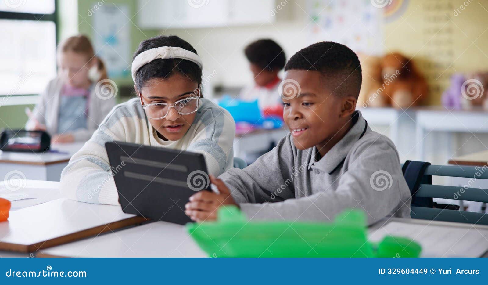 Friends, Studying and Children with Tablet in Classroom, Clever and ...