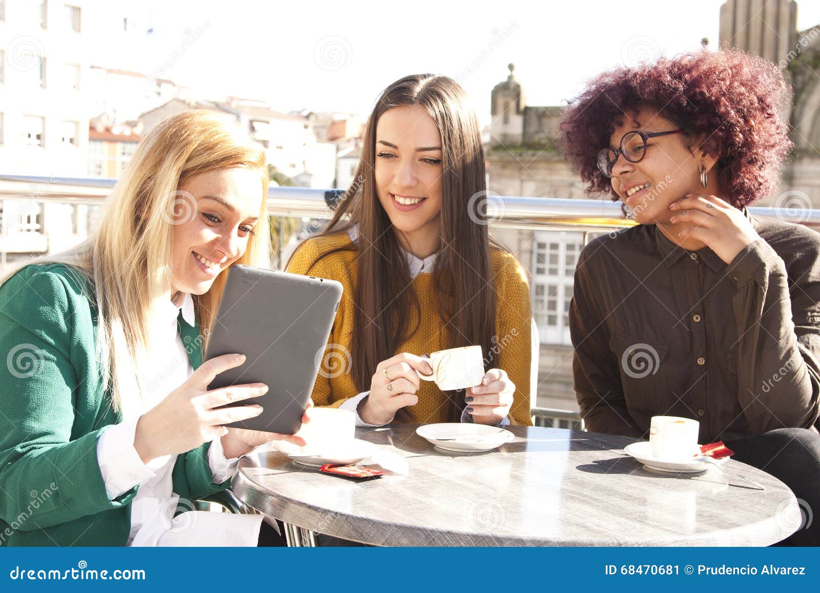Friends with tablet stock image. Image of cafes, friendship - 68470681