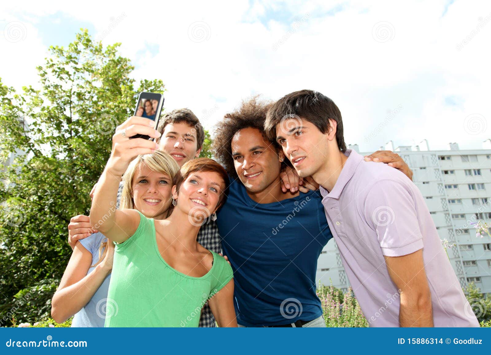 Friends Taking Picture Outside Stock Photo - Image of happy, camera ...