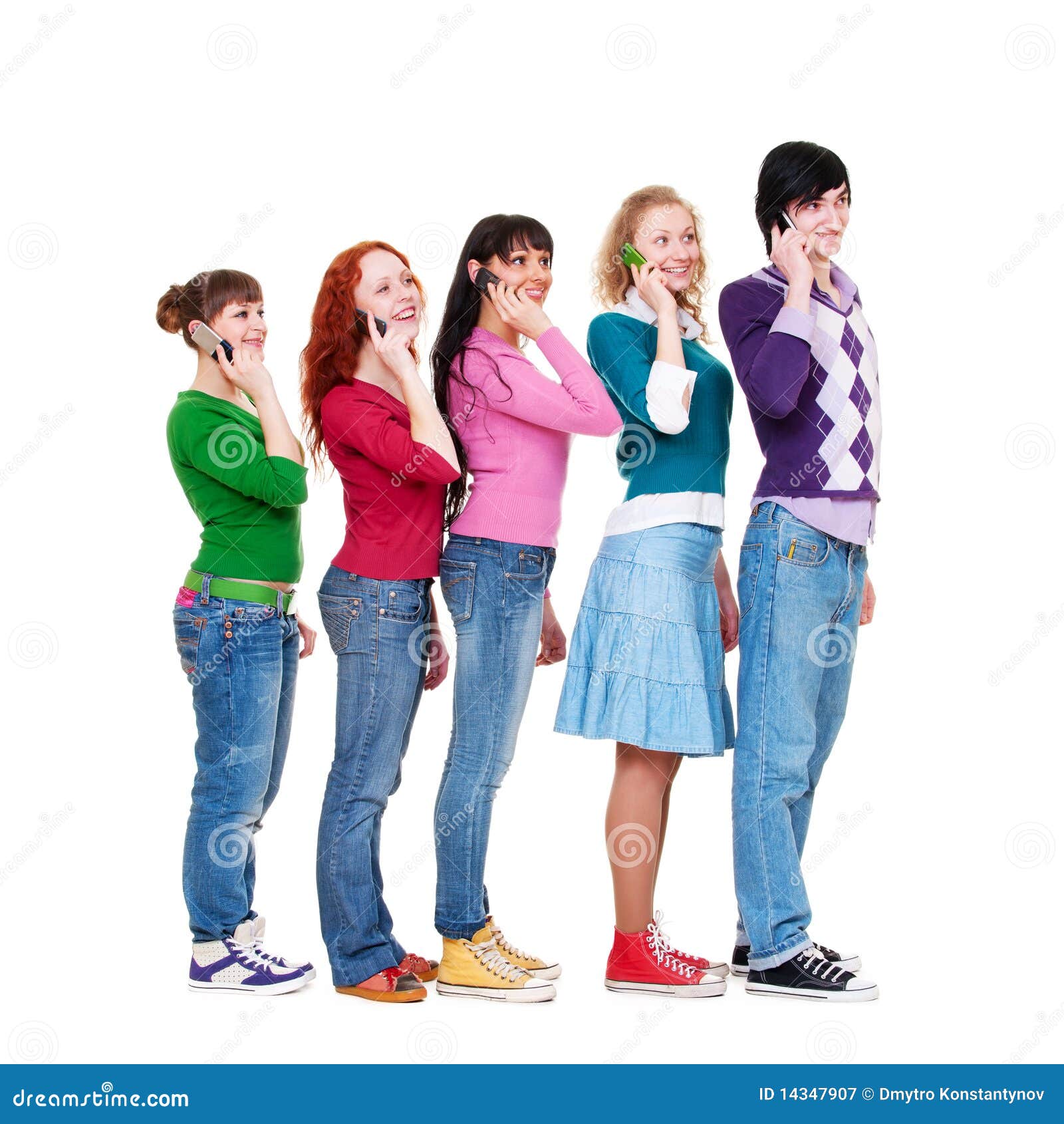 Friends Talking by Phone and Standing in Queue Stock Image - Image of ...