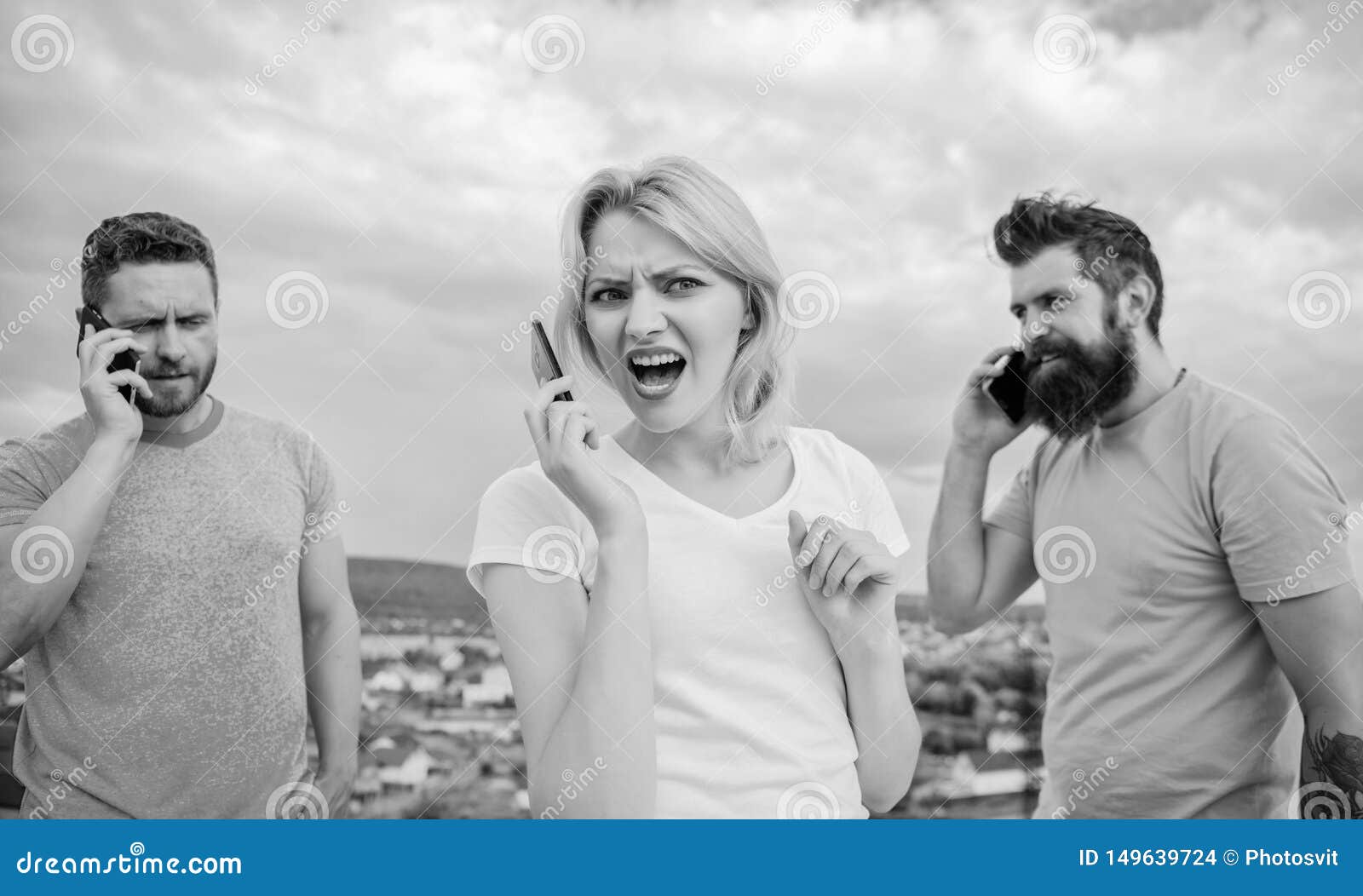 Phone. Friends Talking Using Phone at Rooftop. Friends Using Pho Stock ...