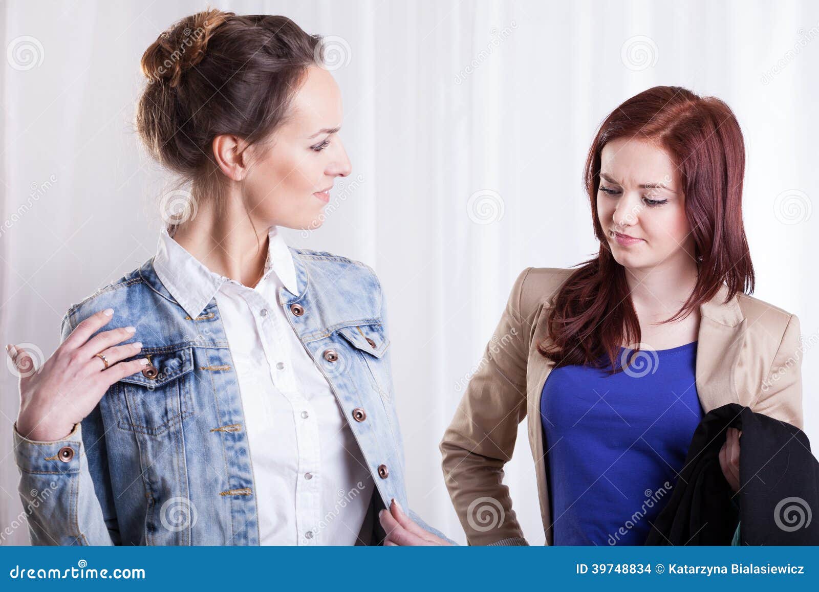 Friends trying on jacket stock photo. Image of shopping - 39748834