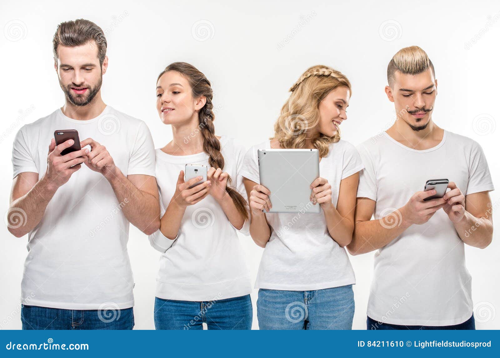 Friends Using Digital Devices Stock Photo - Image of togetherness ...