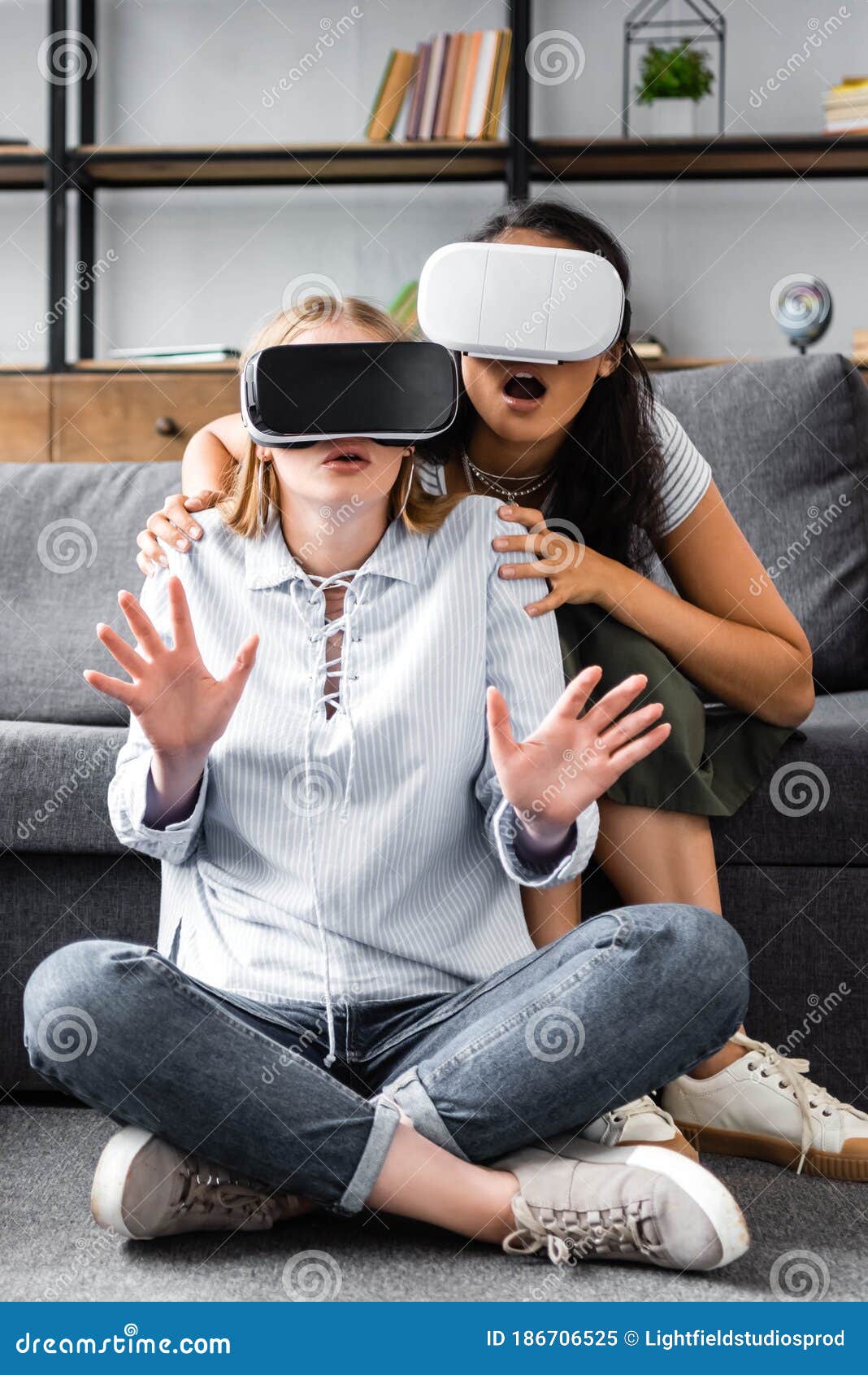Friends with Virtual Reality Headsets Sitting on Floor Stock Image ...