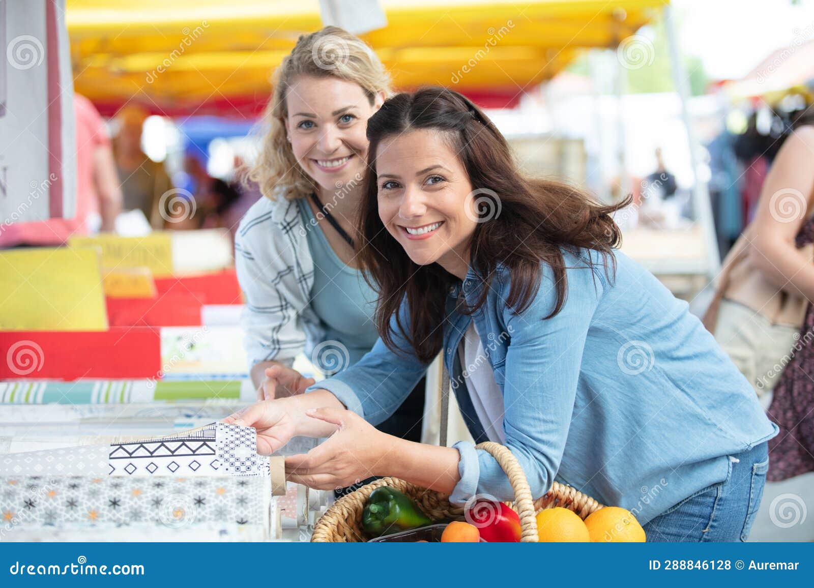 Friends visiting at market stock photo. Image of enjoying - 288846128