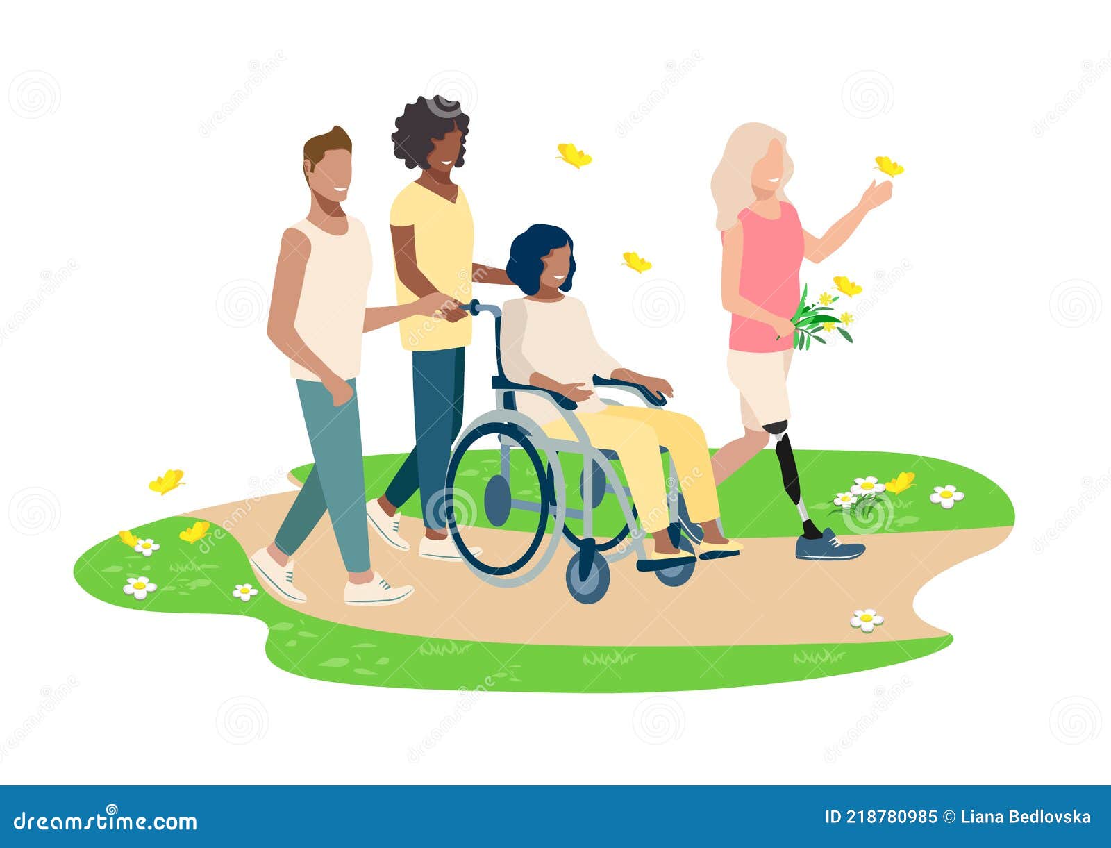 Friends Walking with a Disabled Friend Stock Vector - Illustration of ...