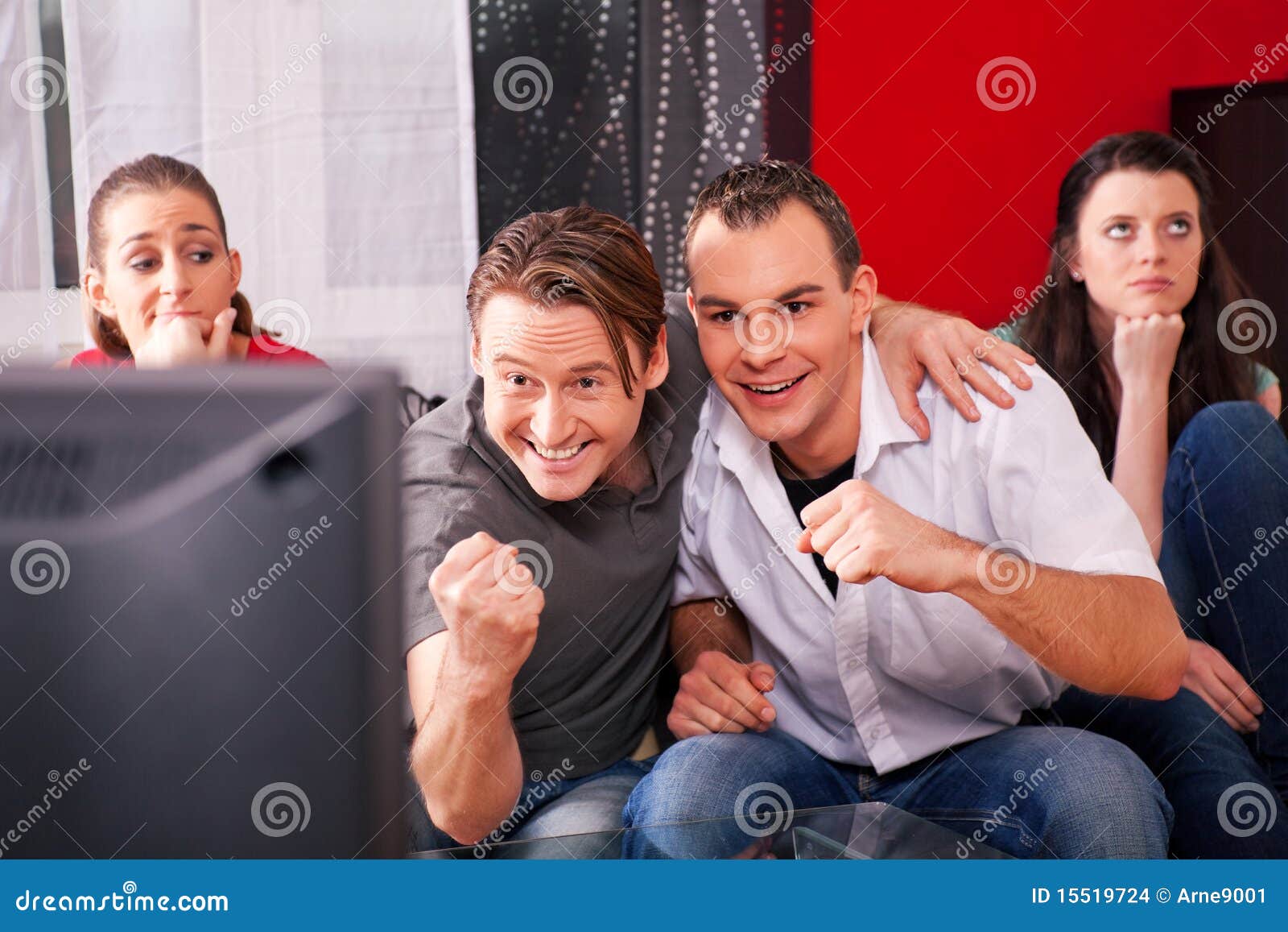 Friends Watching Exciting Game at TV Stock Photo - Image of game, cheer ...