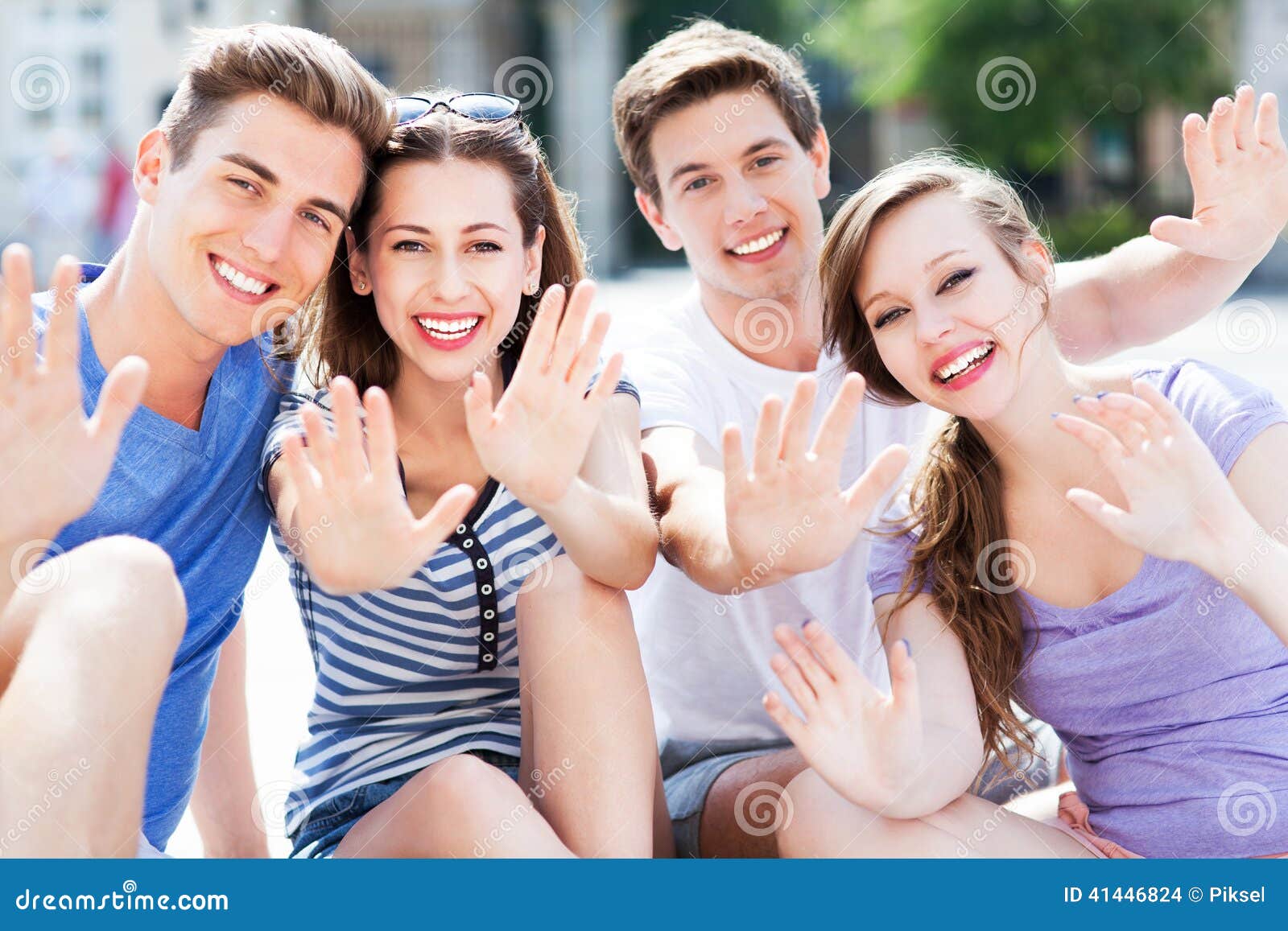 Friends waving stock photo. Image of casual, relaxed - 41446824