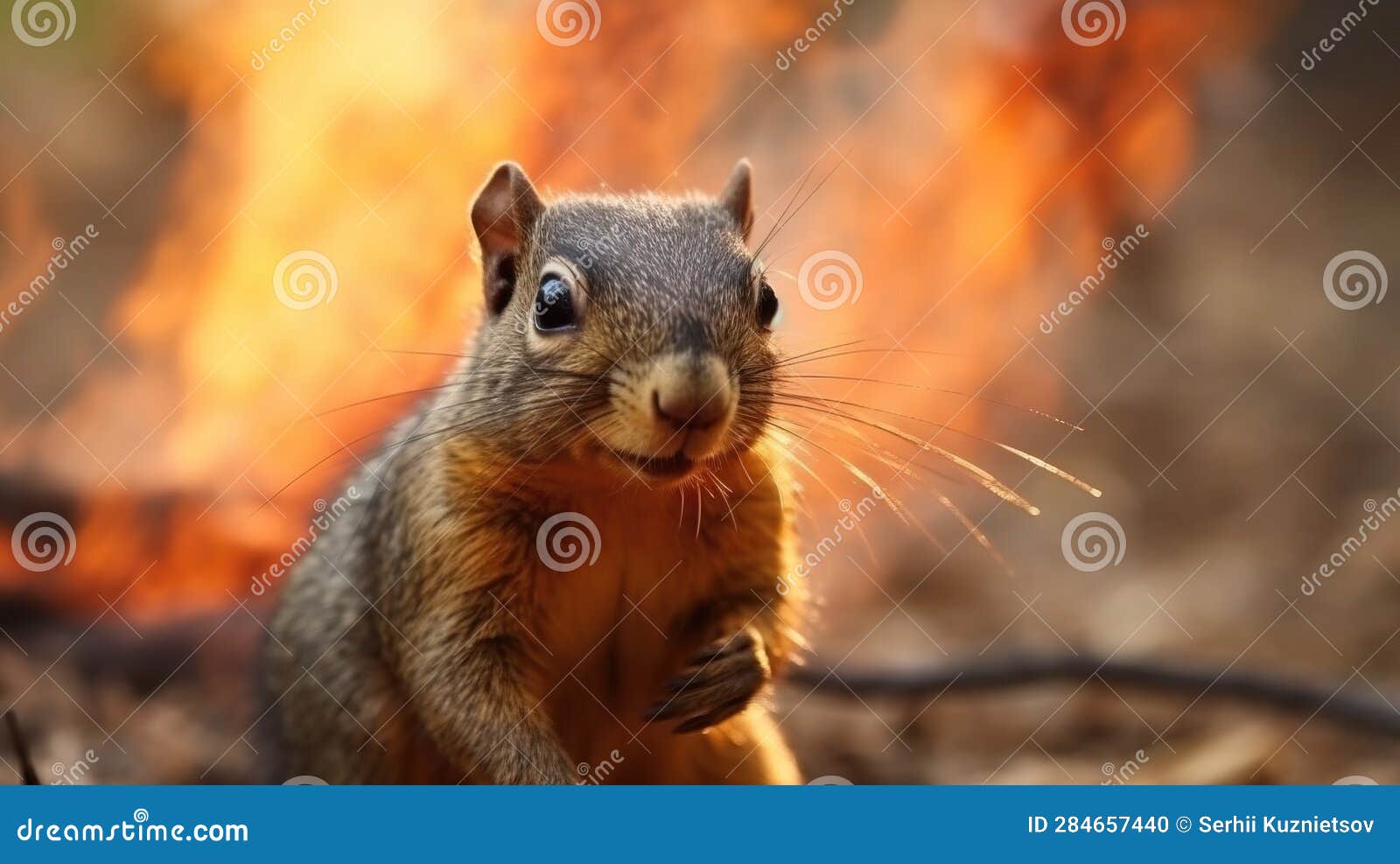 Frightened Animal Squirrel On The Background Of A Fire In The Forest ...