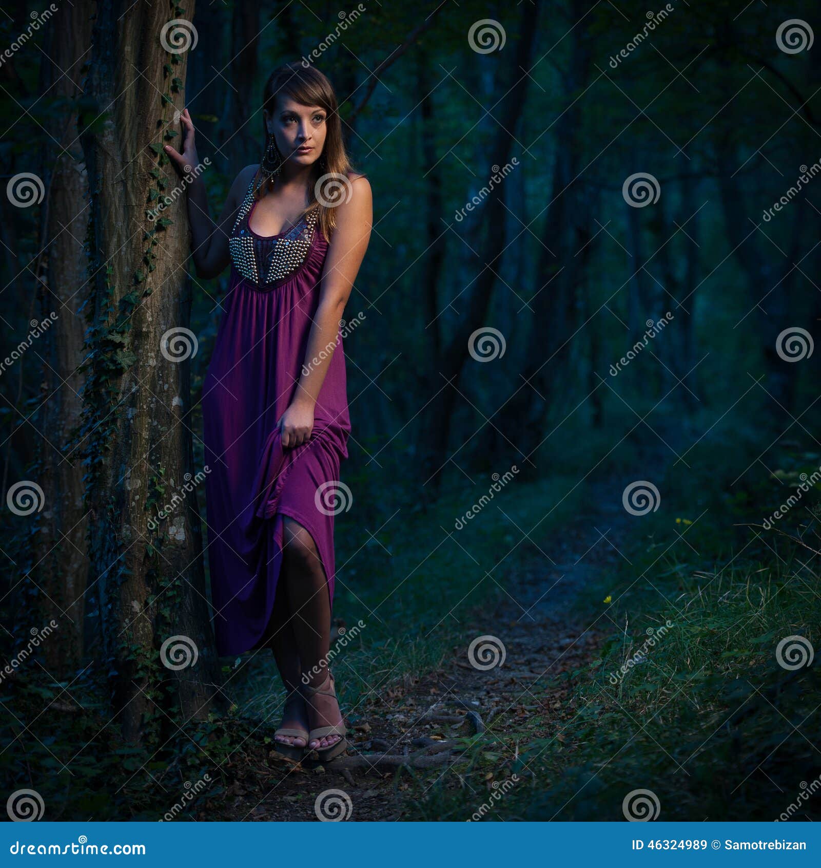 Frightened Beautiful Lady on a Forest Path at Dusk Stock Image - Image ...