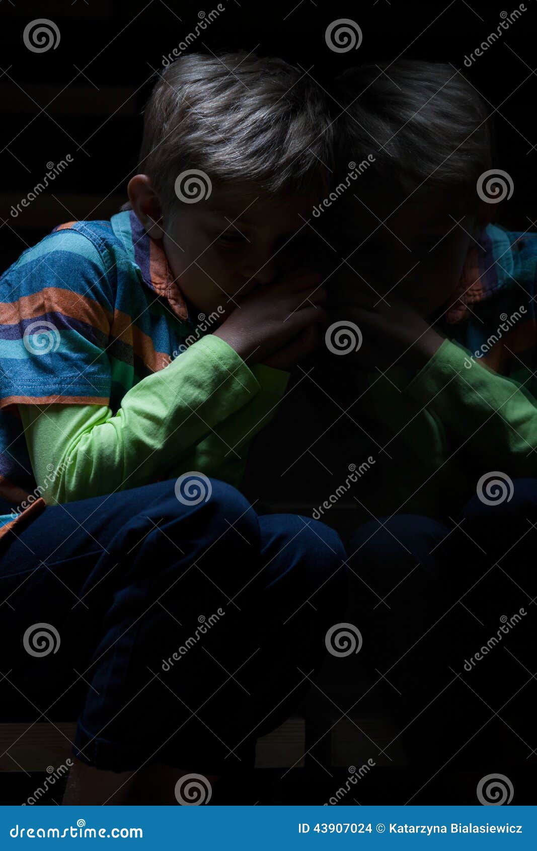 Frightened Boy Sitting on Stairs Stock Photo - Image of little ...