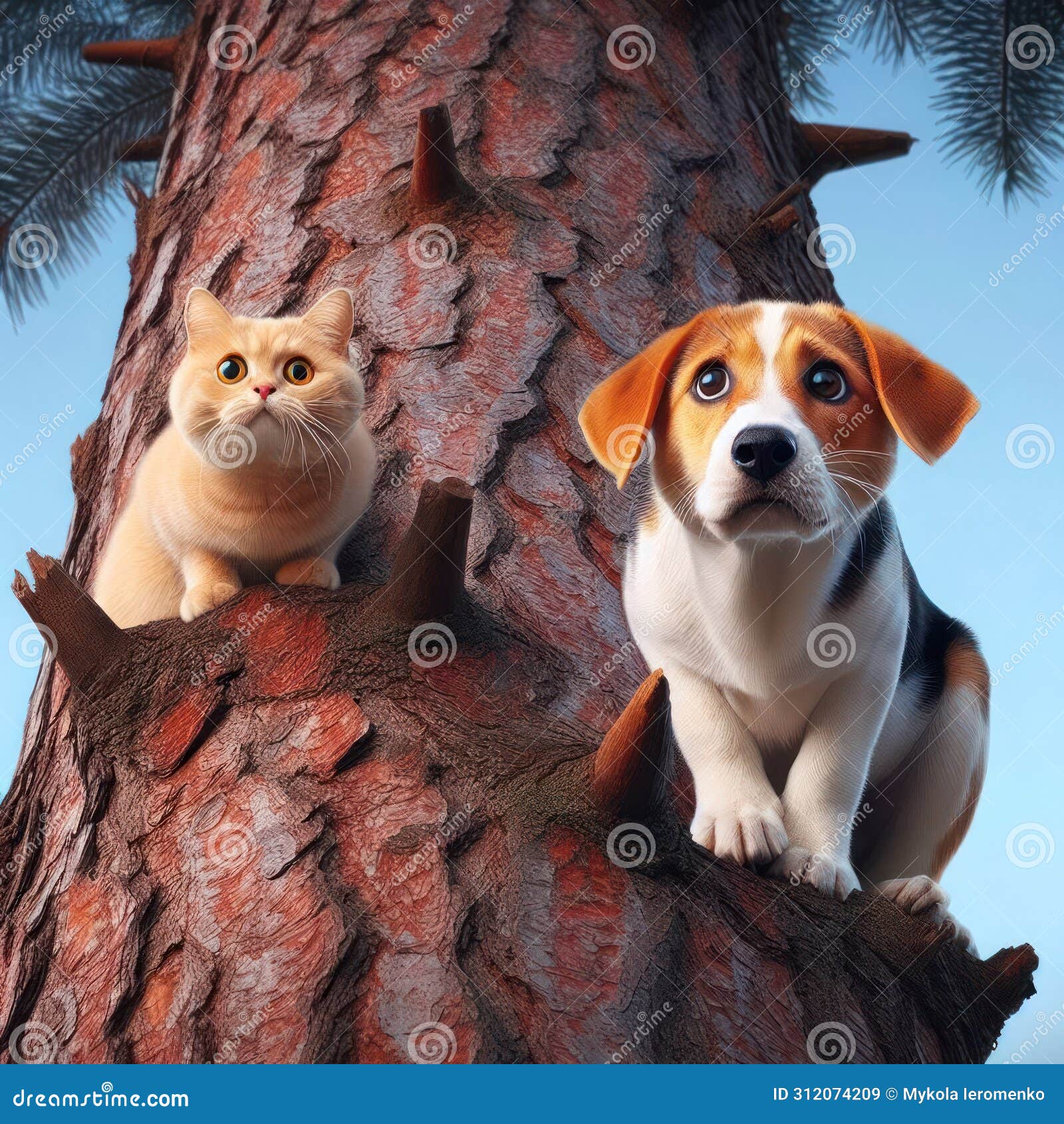 Frightened Cat and Dog Sitting on a Tree. Stock Image - Image of escape ...