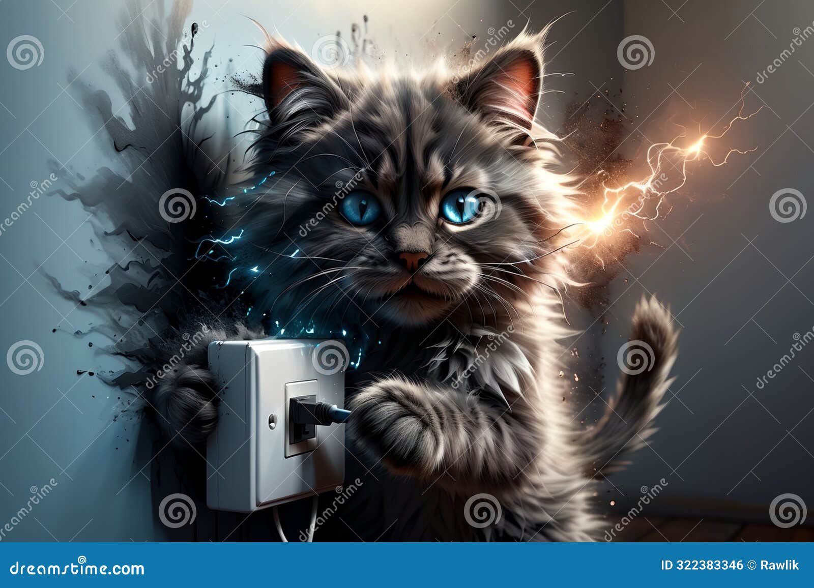 A Frightened Cat Stands Near the Switch with Electricity, Short Circuit ...