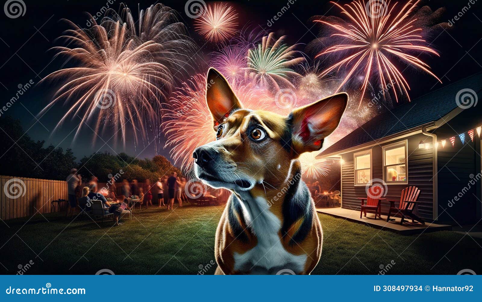 Frightened Dog during the Holiday Night, with Fireworks Bursting in the ...