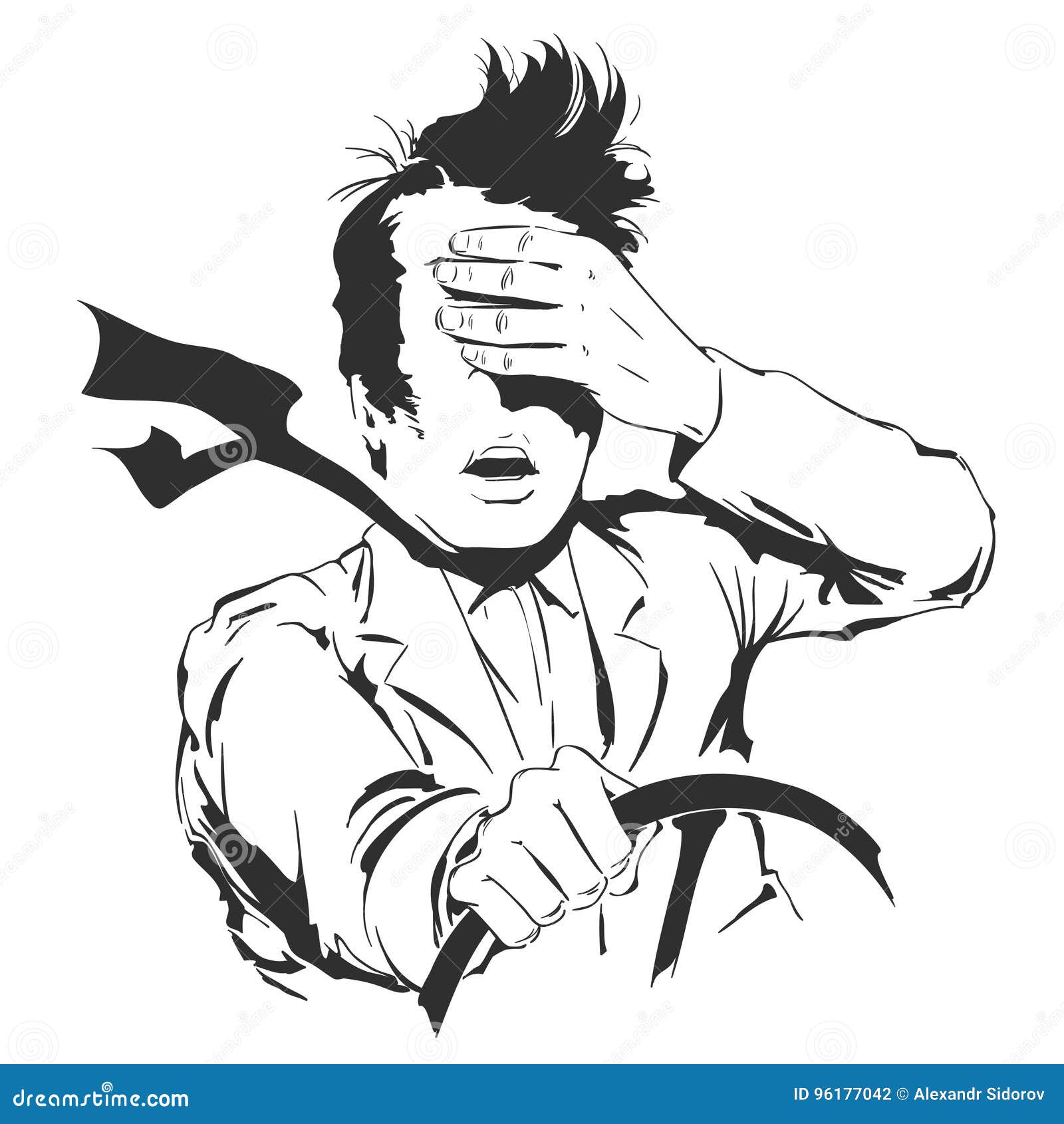Frightened Driver at Wheel Closed His Eyes with His Hand. Stock Vector ...