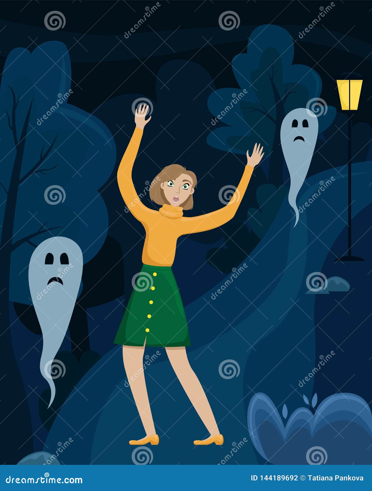 Frightened Man In Dark With Ghosts And Monsters Holding Candle, Vector ...