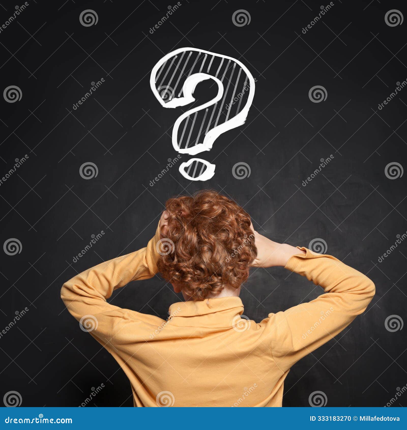 Frightened Kid School Student and Question Mark on Blackboard. Idea and ...