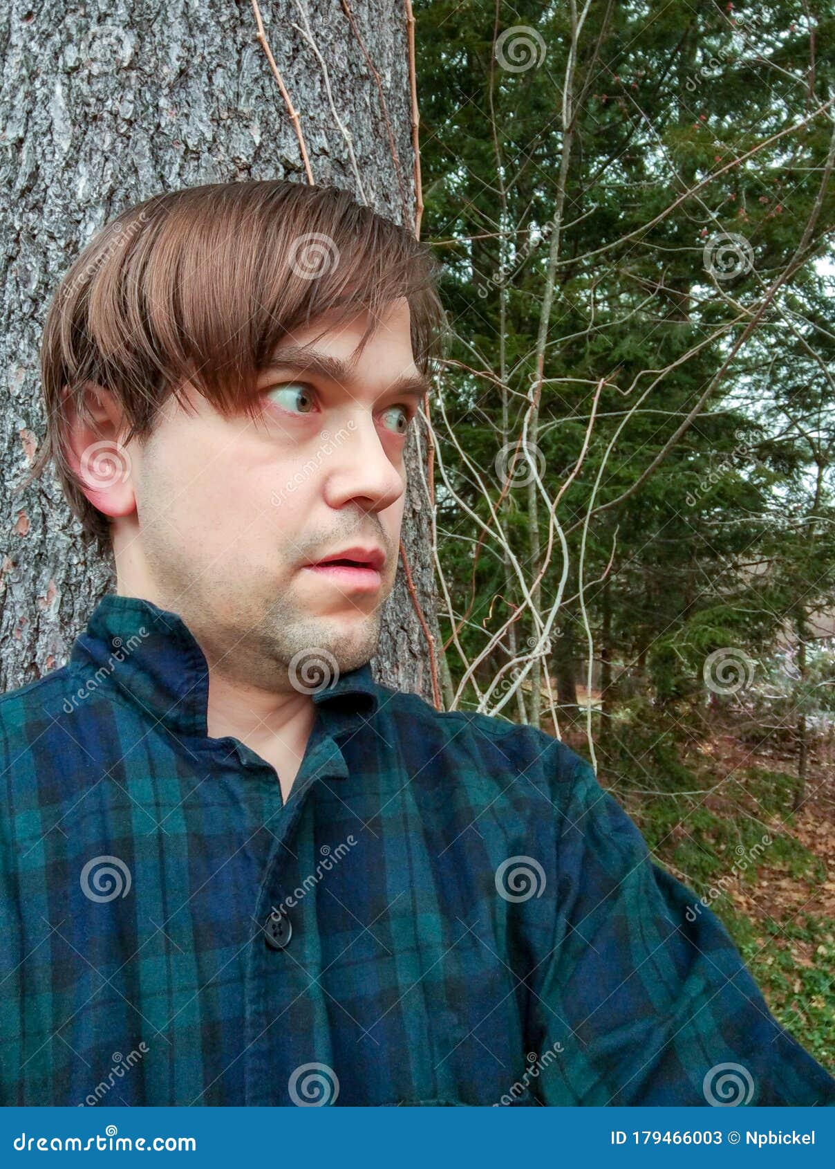 Frightened Man in Woods, Terrified Expression, Back Against Tree Stock ...