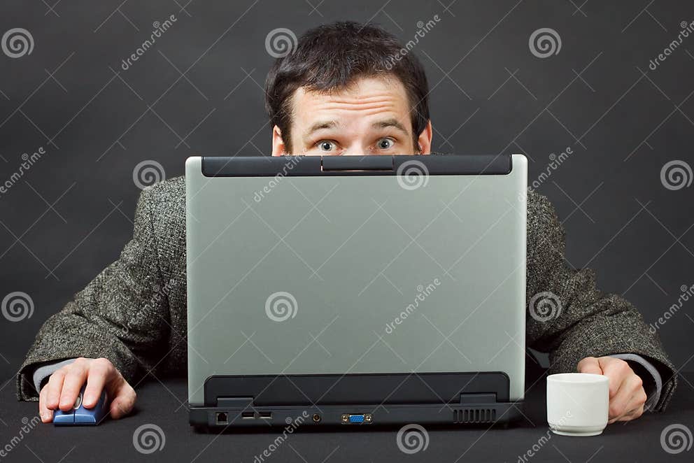 Frightened People Hiding Behind Computer Screen Stock Image - Image of ...
