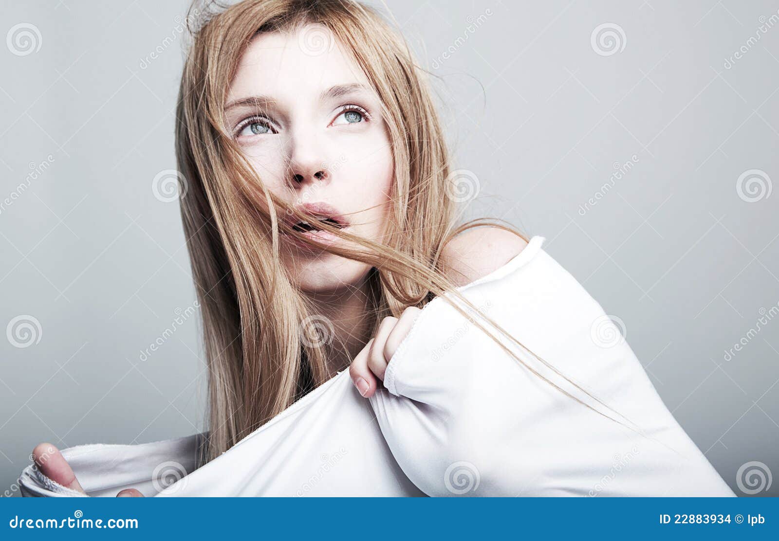 Frightened Pretty Young Girl in White Stock Photo - Image of beauty ...
