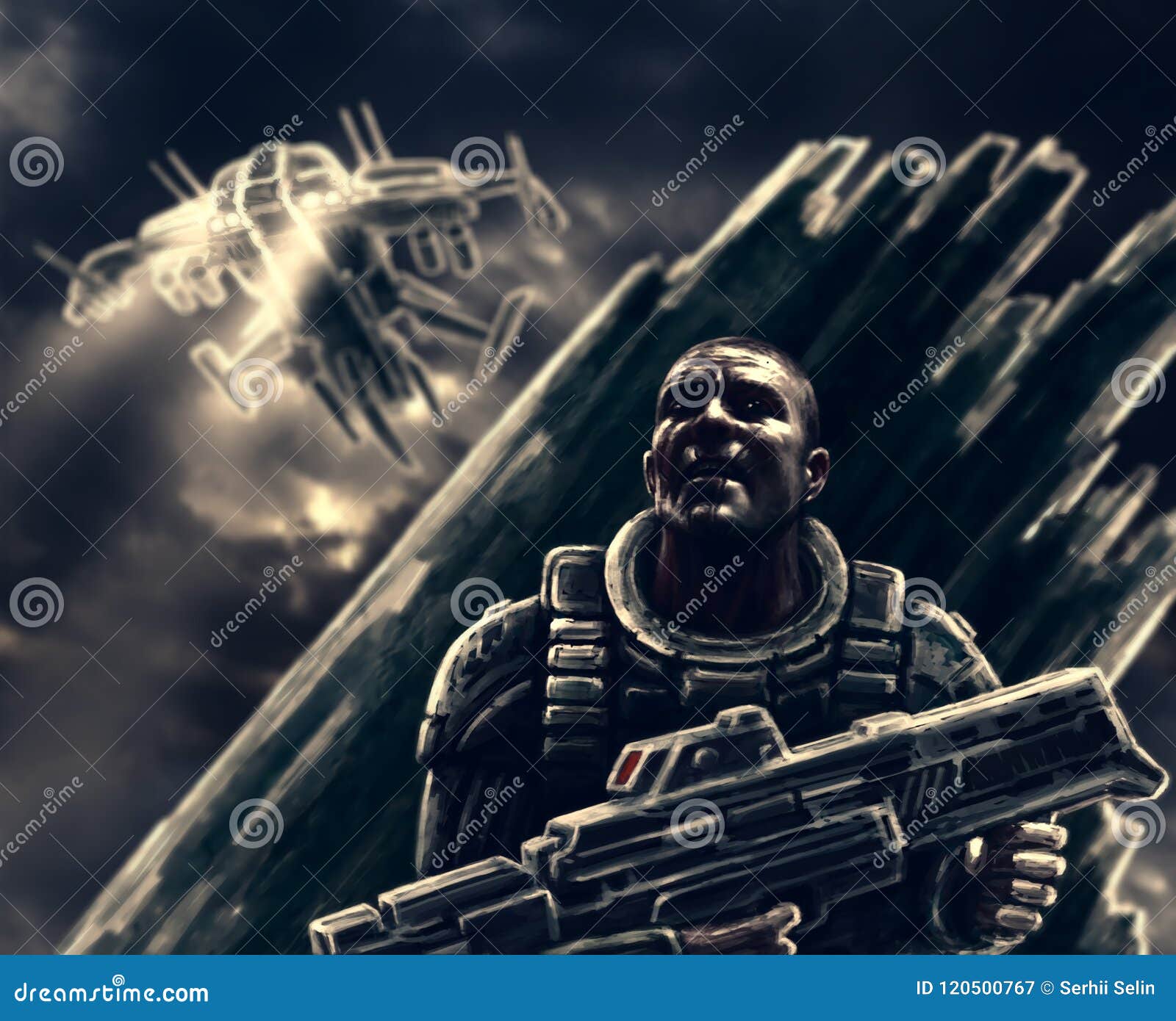 A Frightened Soldier Hides from a Flying Enemy Ship. Stock Illustration ...