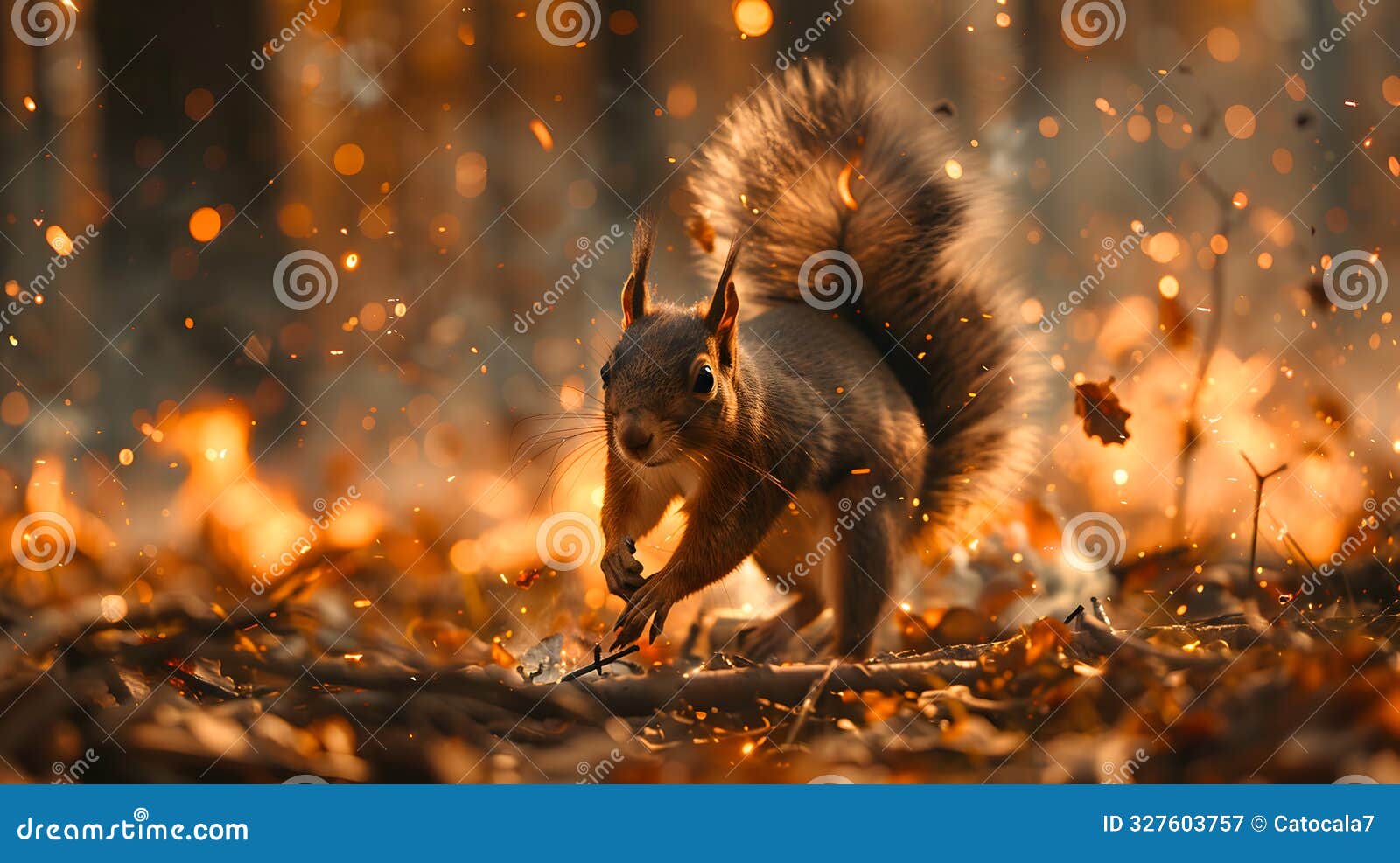 Frightened Fox With Fox Cub Runs Away From Fire, A Fire In The Forest ...