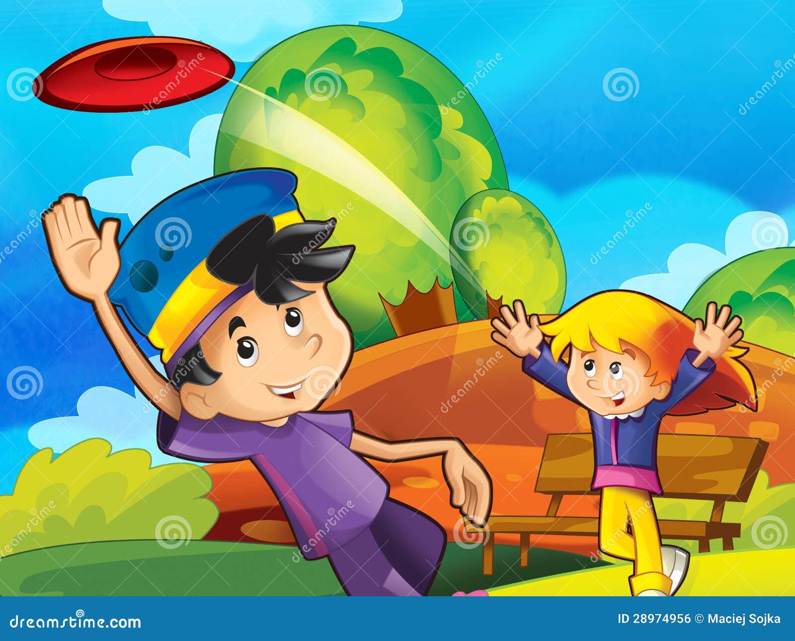 The Frisbee Fun in the Park Stock Illustration - Illustration of ...