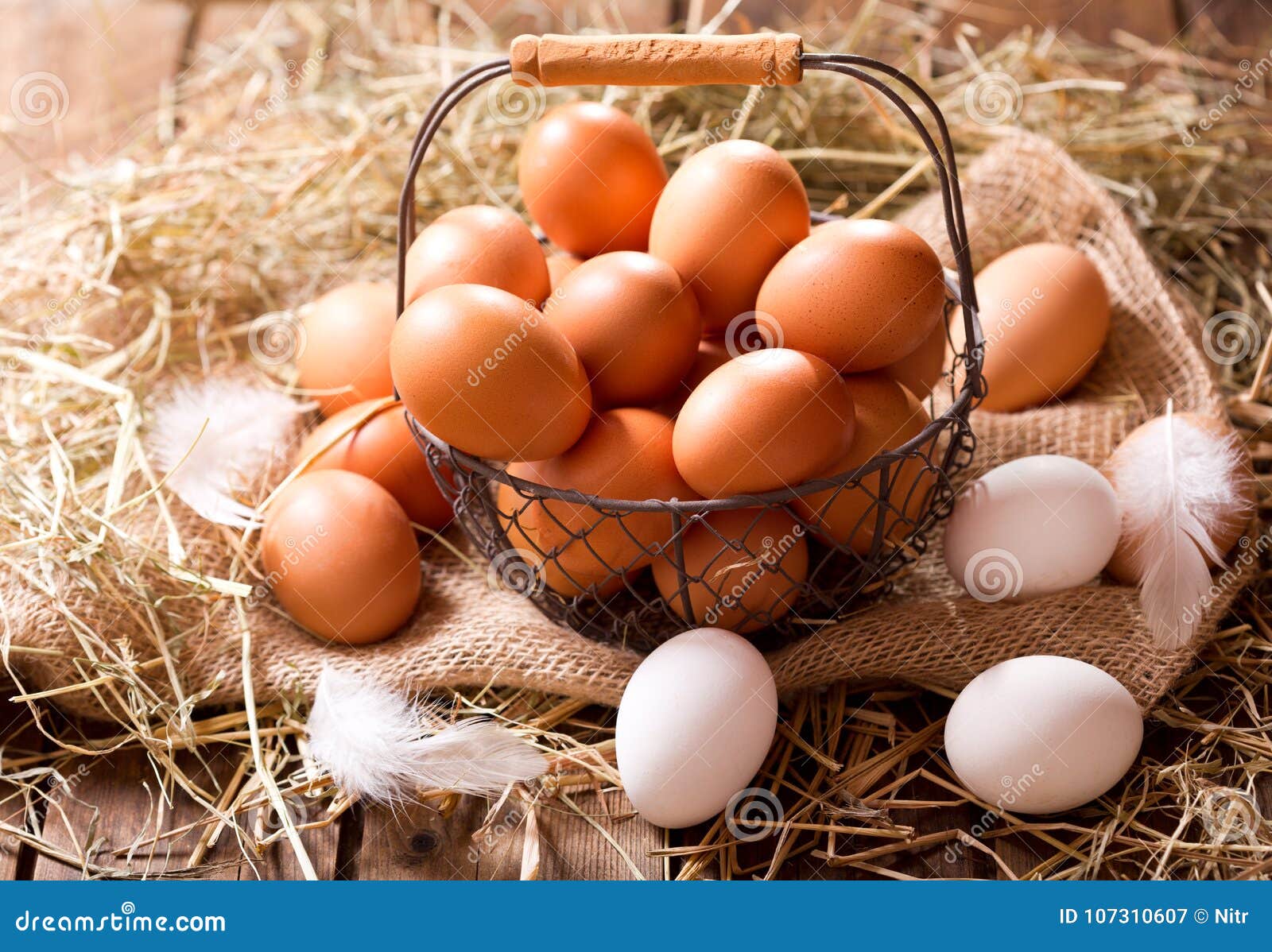 Frische Eier in einem Korb stockbild. Bild von bestandteil - 107310607