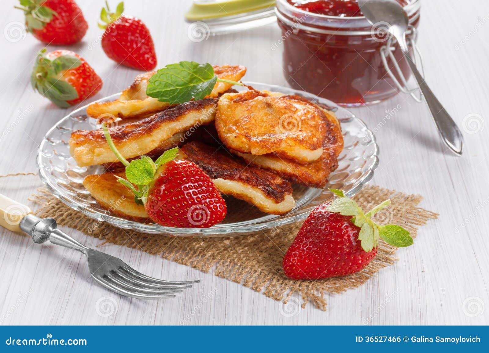 Fritters with Strawberry Jam Stock Photo - Image of drink, healthy ...