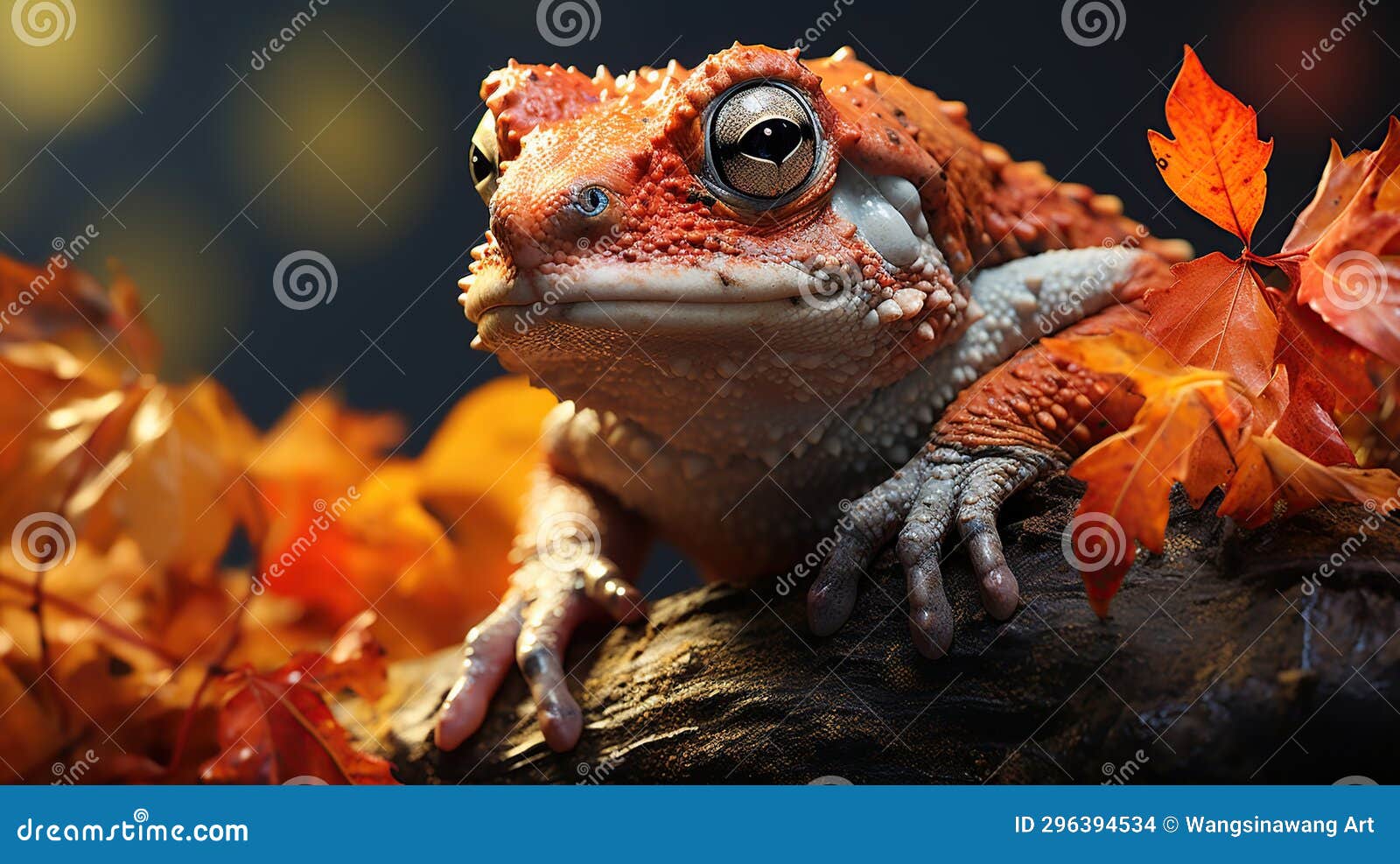 Frog with Autumn Leaves on Black Background. 3d Rendering Stock ...