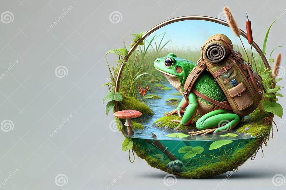 Frog with Backpack in Nature by the River. Space for Text. Stock Image ...